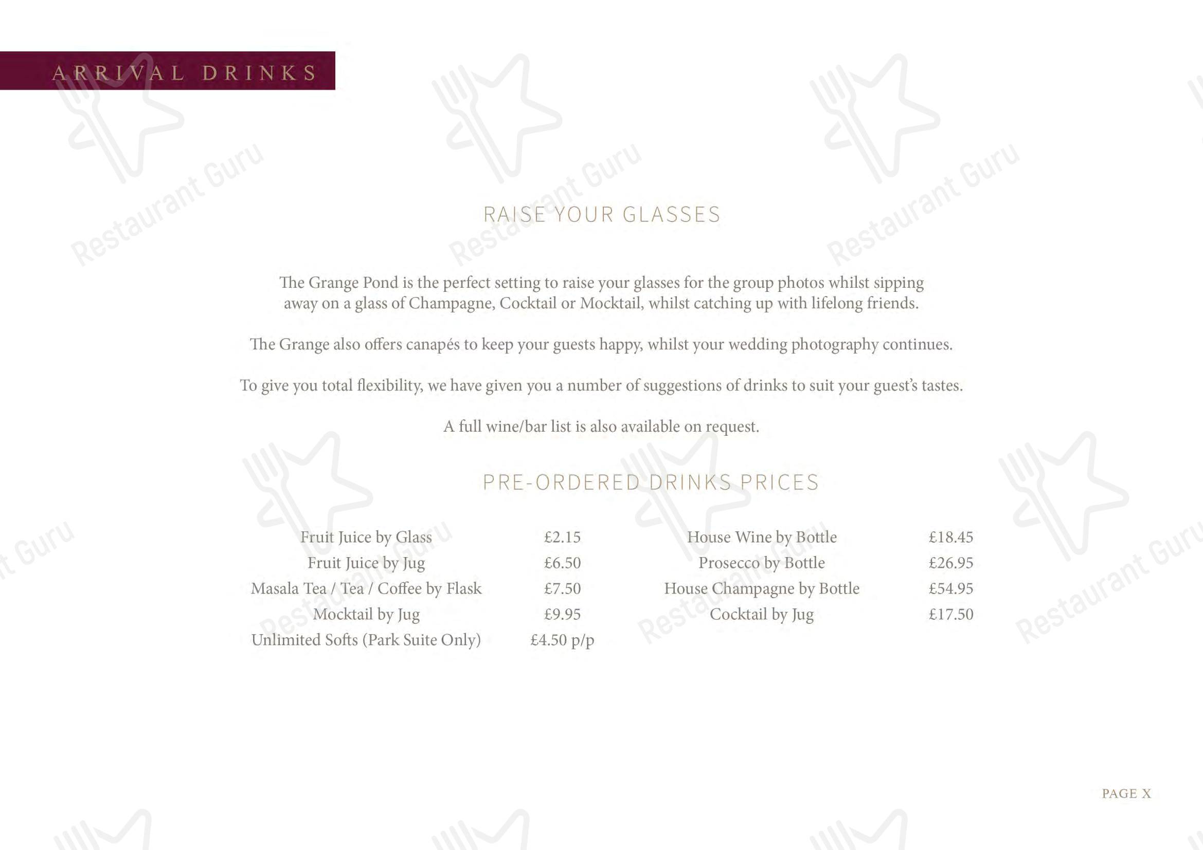 Menu at The Grange Restaurant, Wallington, Beddington Park