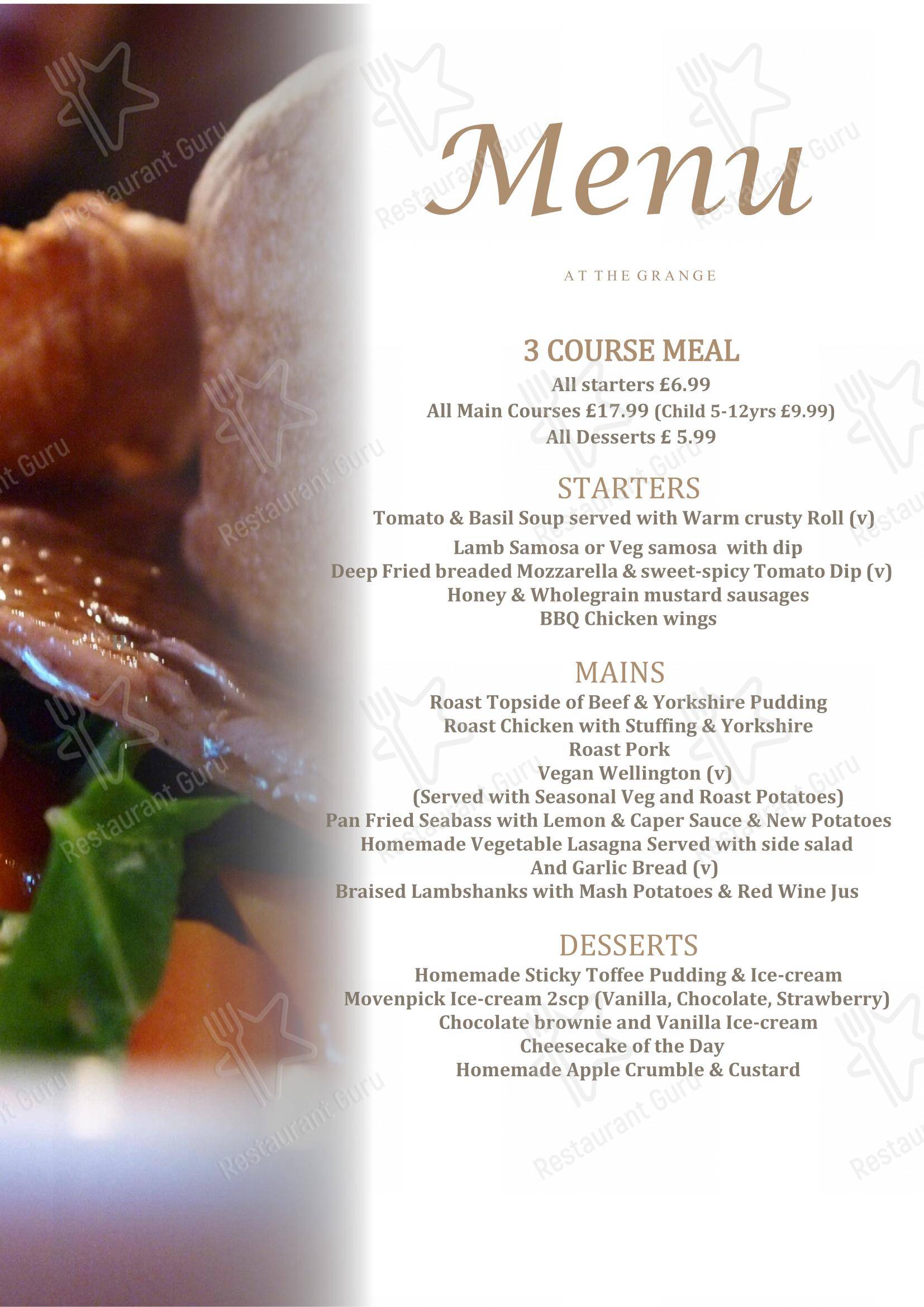 Menu at The Grange Restaurant, Wallington, Beddington Park