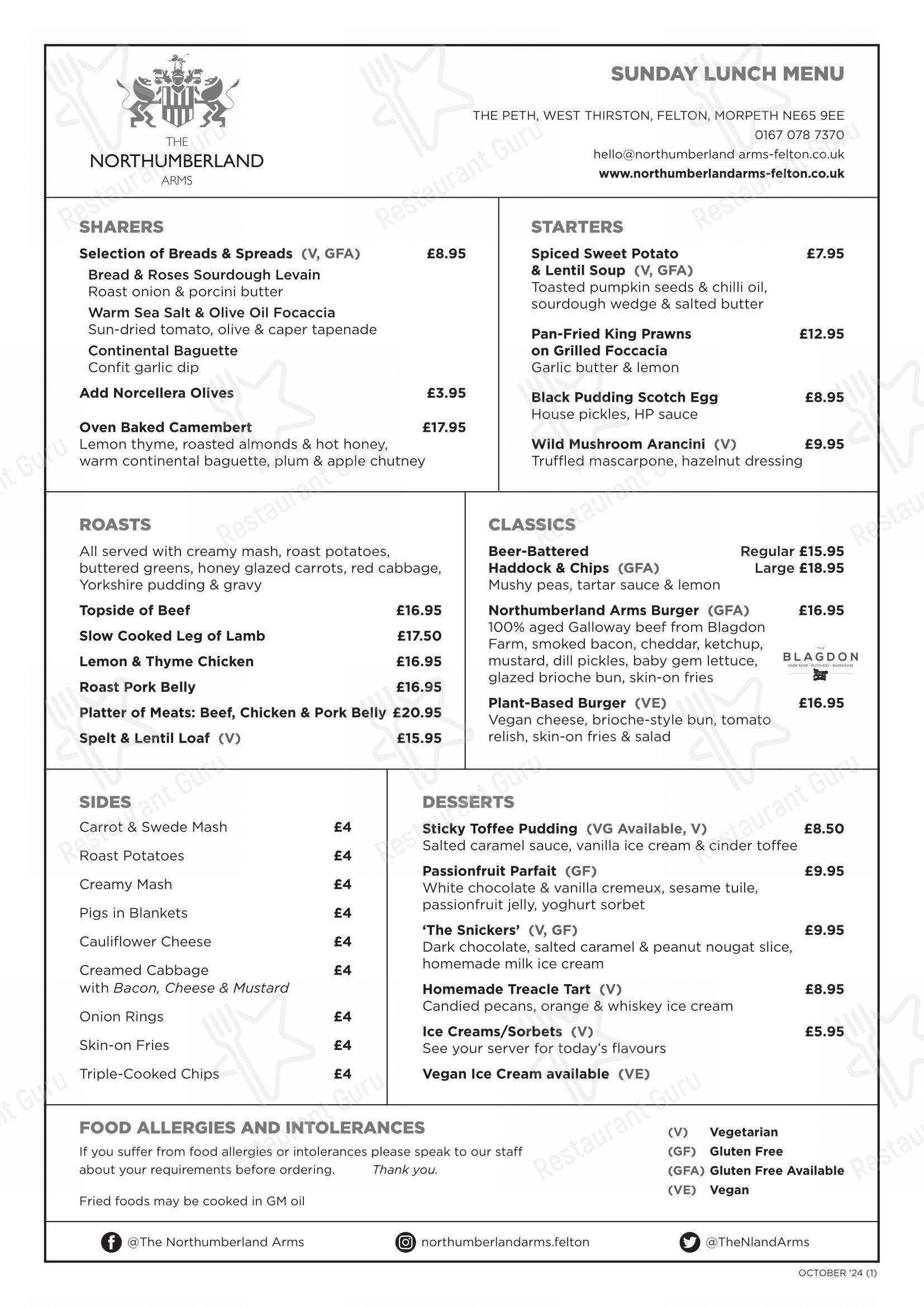 Menu at The Northumberland Arms pub & bar, Felton