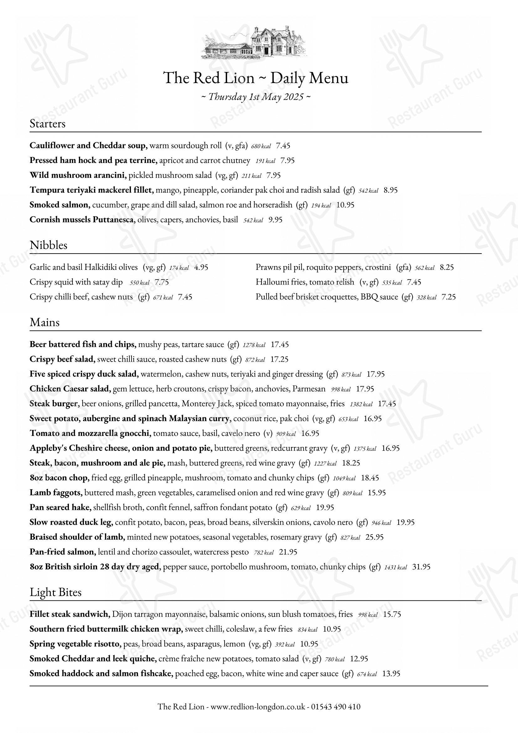 Menu at The Red Lion pub & bar, Rugeley, Hay Ln