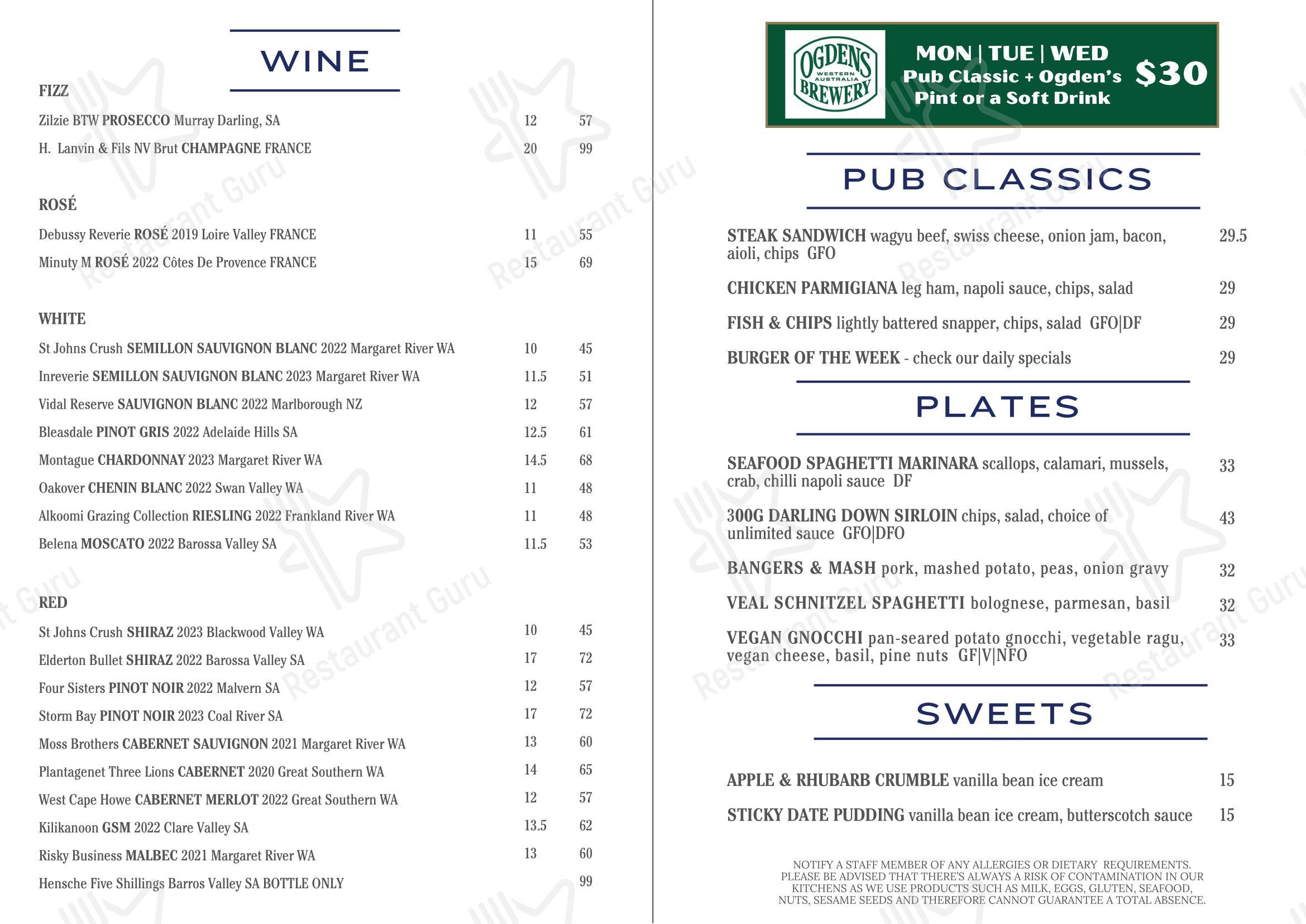 Menu at The Windsor Hotel restaurant, South Perth