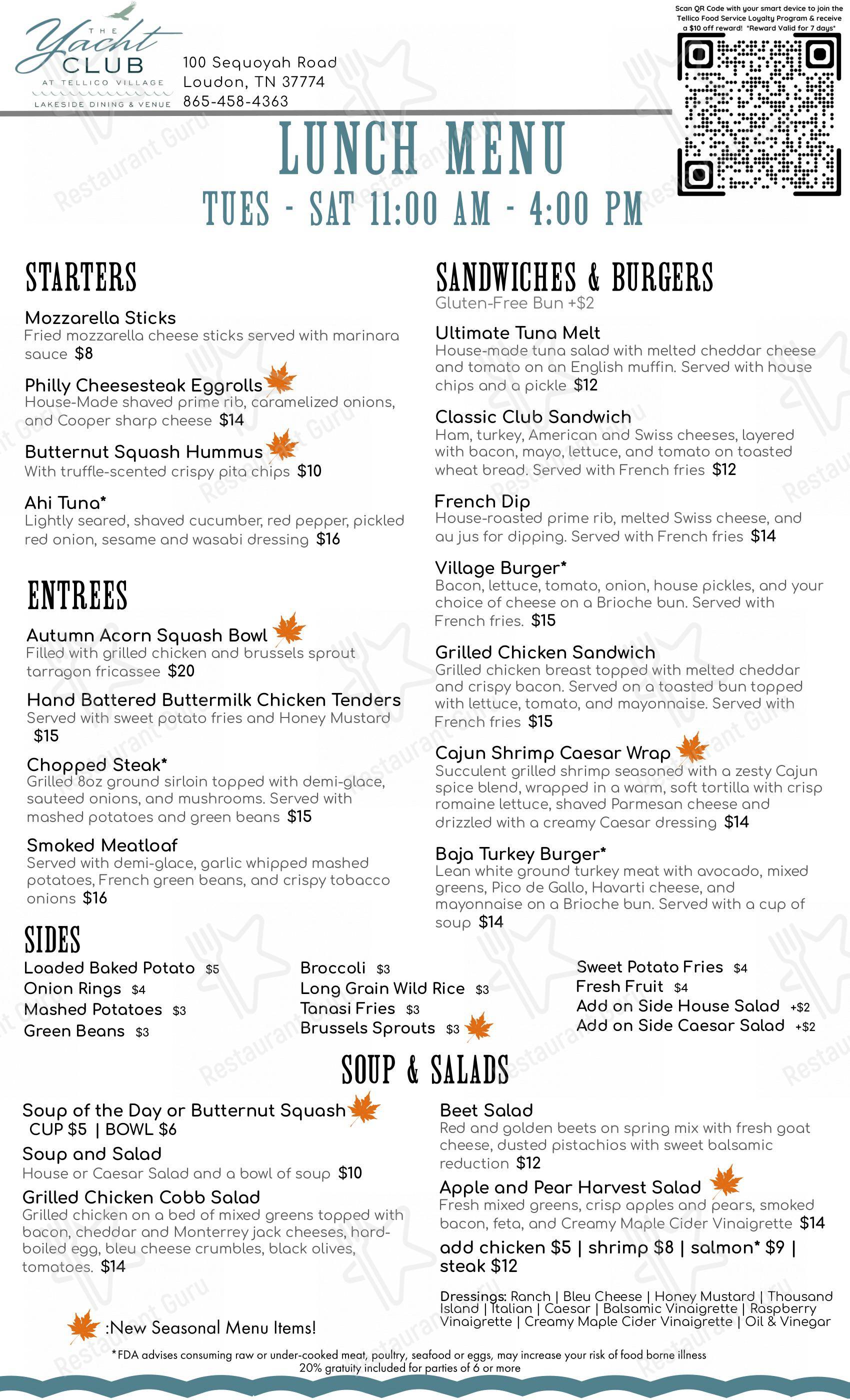 Menu at Toqua Bar & Grill, Loudon, 200 Toqua Club Way #2334