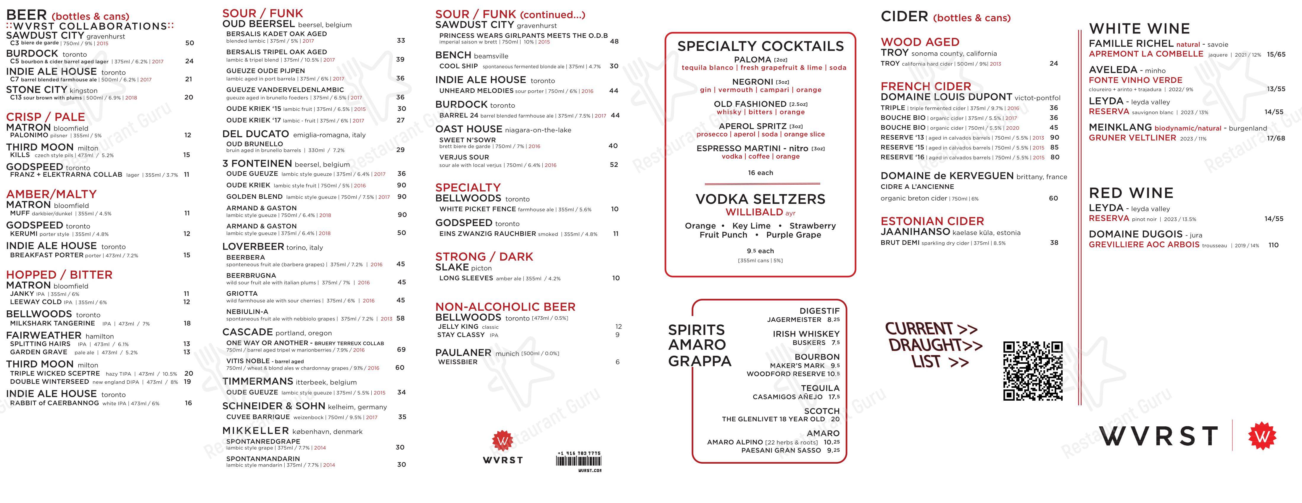 Menu at WVRST pub & bar, Toronto, 609 King St W