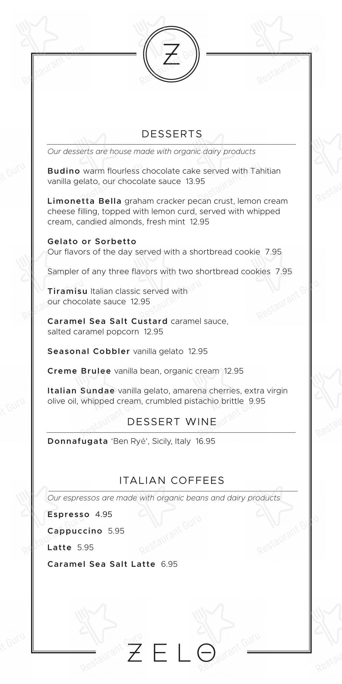 Menu at Zelo restaurant, Minneapolis
