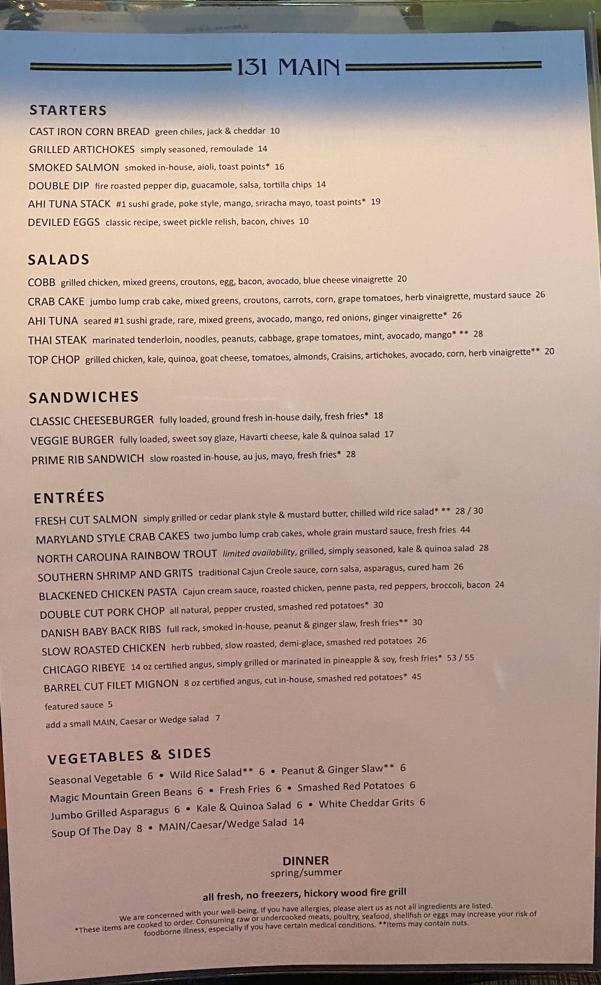 Menu at 131 MAIN Restaurant, Charlotte, Fairview Rd #100