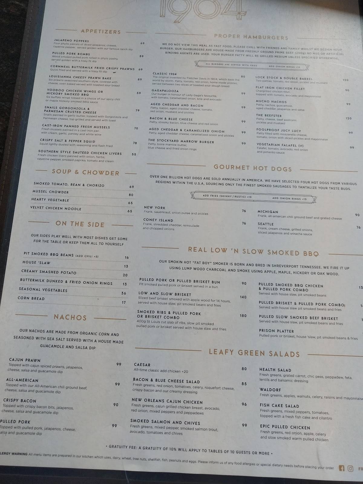 Menu at 1904 Bistro Américain restaurant, Kloof