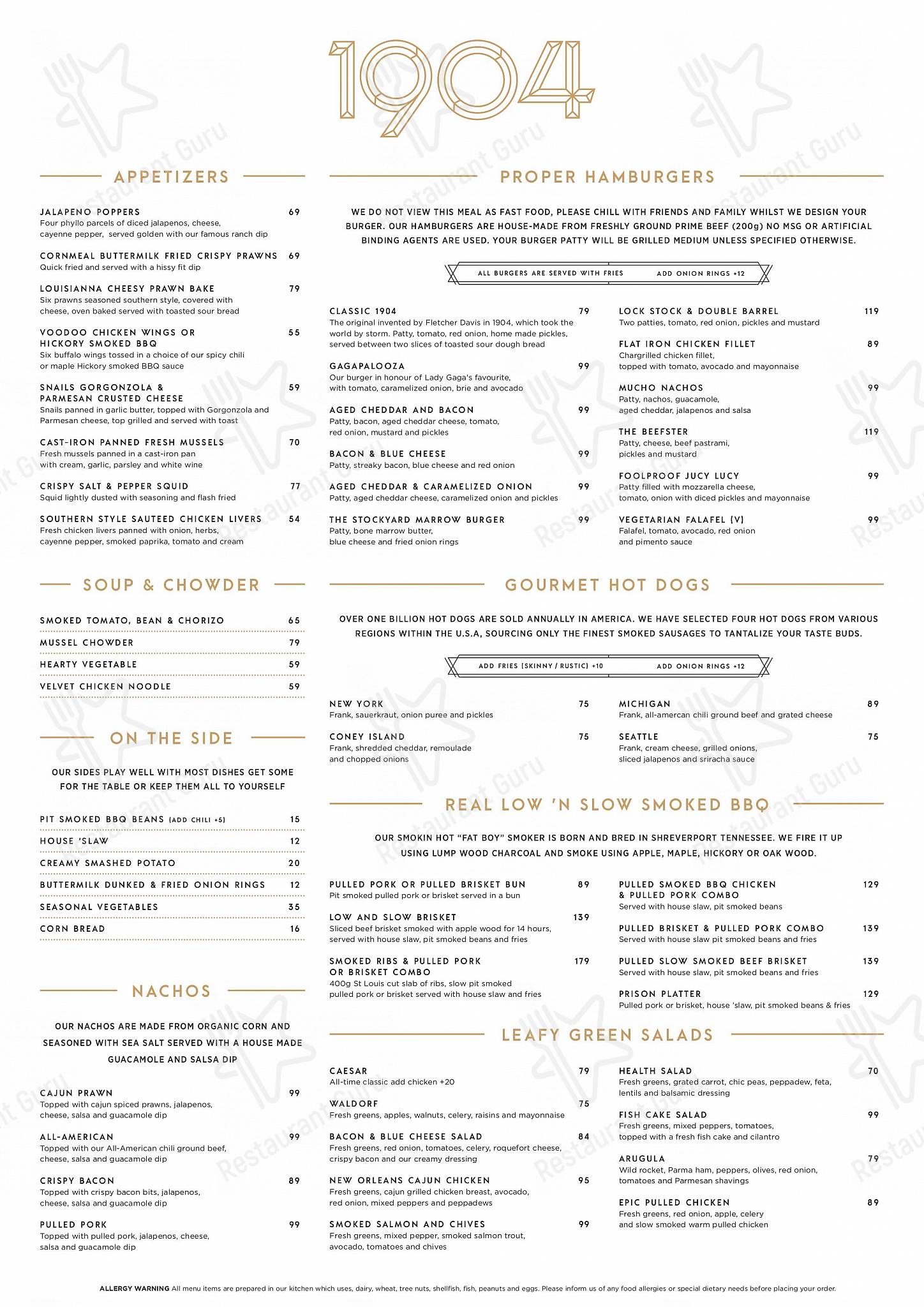 Menu at 1904 Bistro Américain restaurant, Kloof