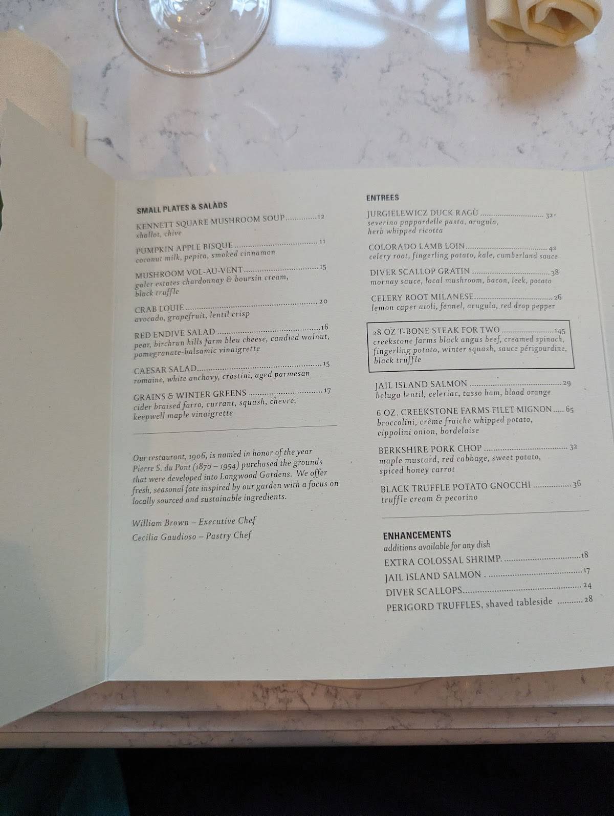 Menu at 1906 at Longwood Gardens restaurant, Kennett Square