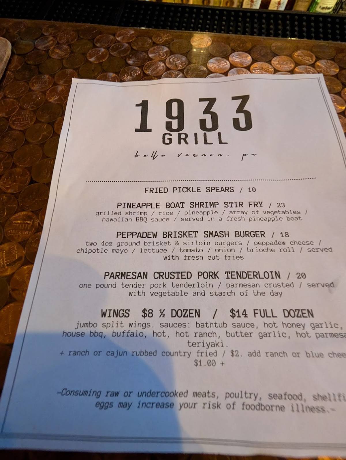 Menu at 1933 Grill pub & bar, Belle Vernon