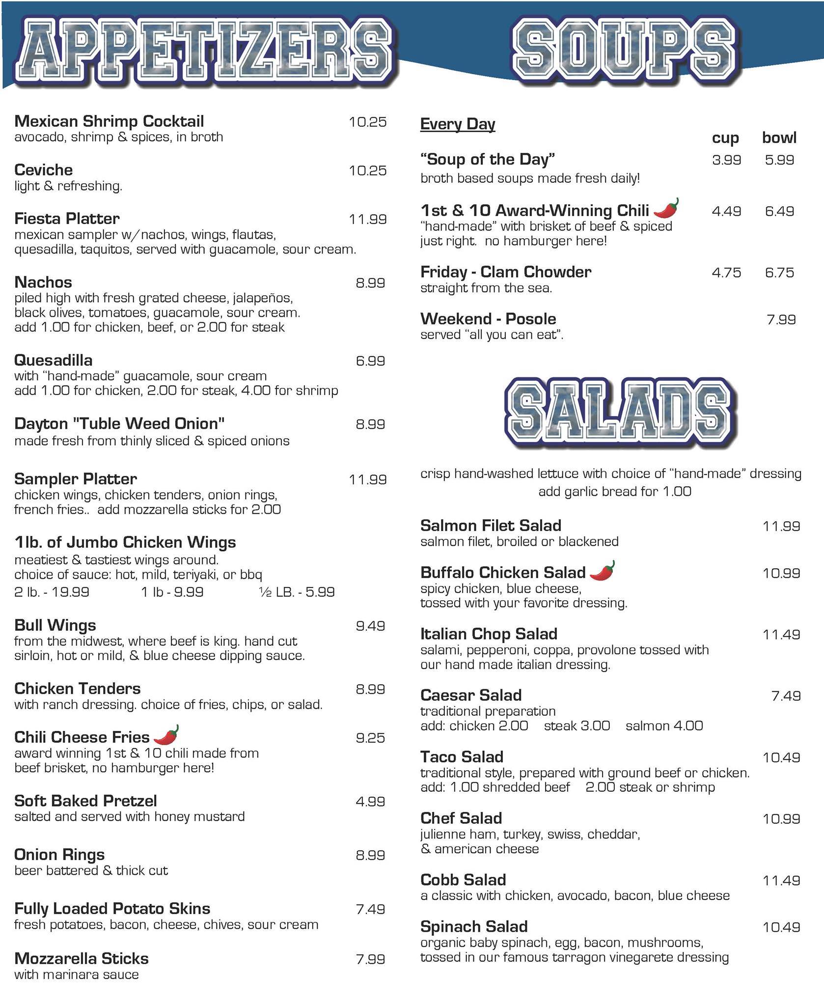 Menu at 1st & 10 Bar and Grill, Dayton