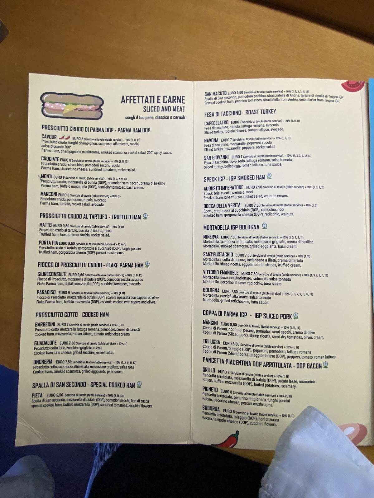 Speisekarte von 200 Gradi fast Food, ROM