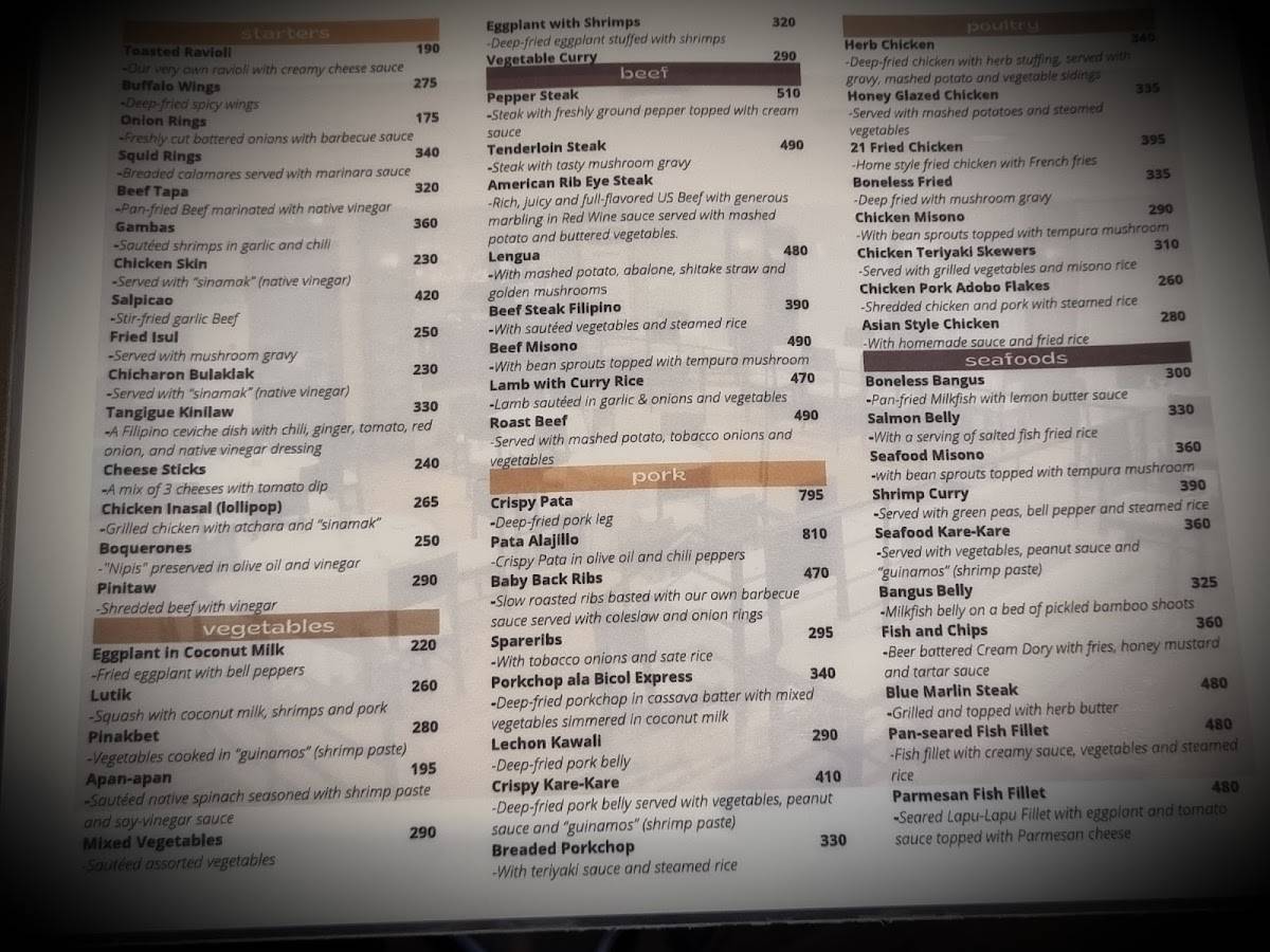 Menu at 21 Restaurant, Bacolod, 21 Lacson St