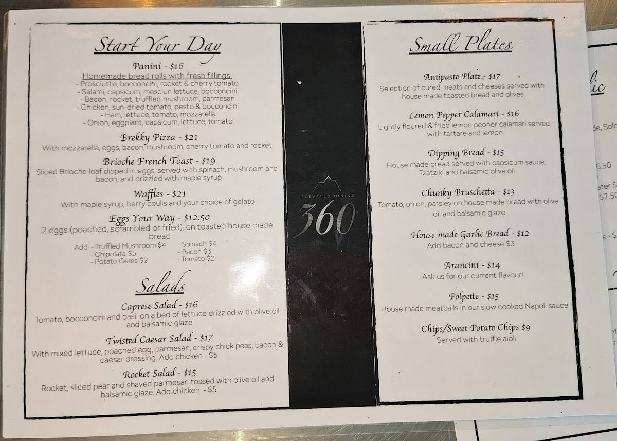 Menu at 360 On The Hill restaurant, Bowen