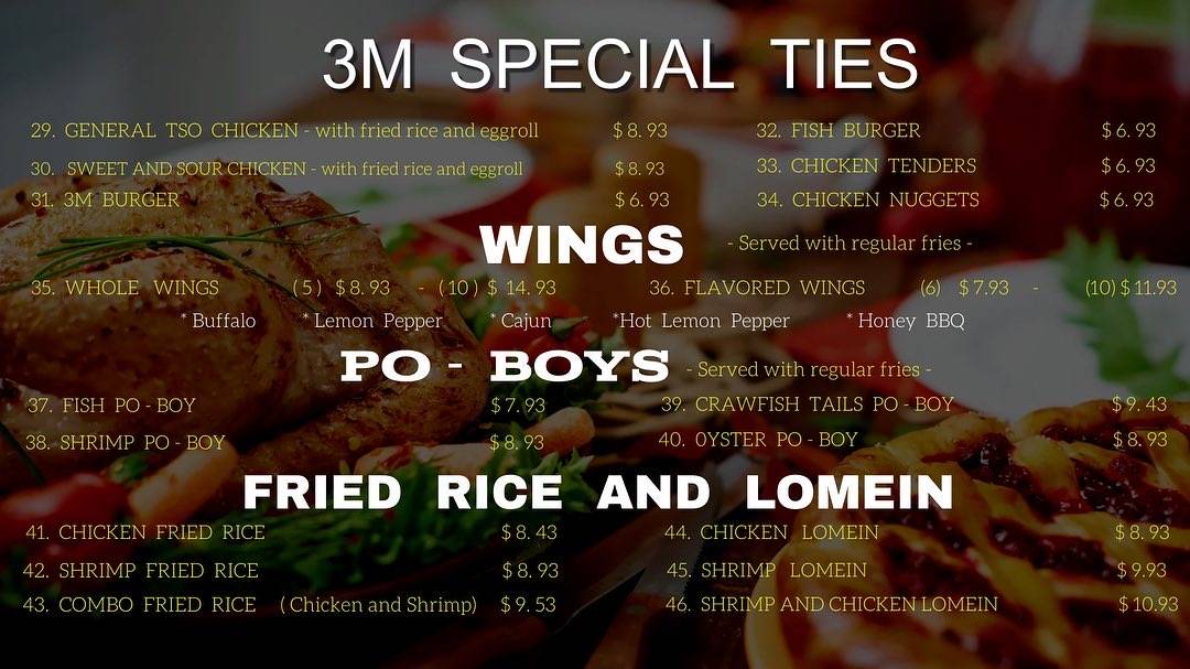 Menu at 3M Seafood restaurant, Houston