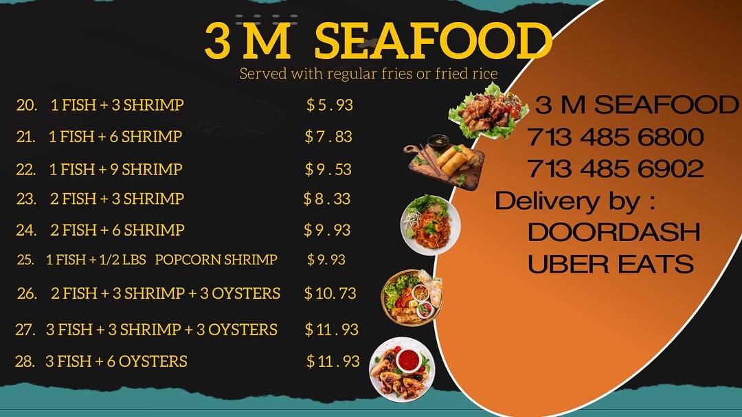 Menu at 3M Seafood restaurant, Houston