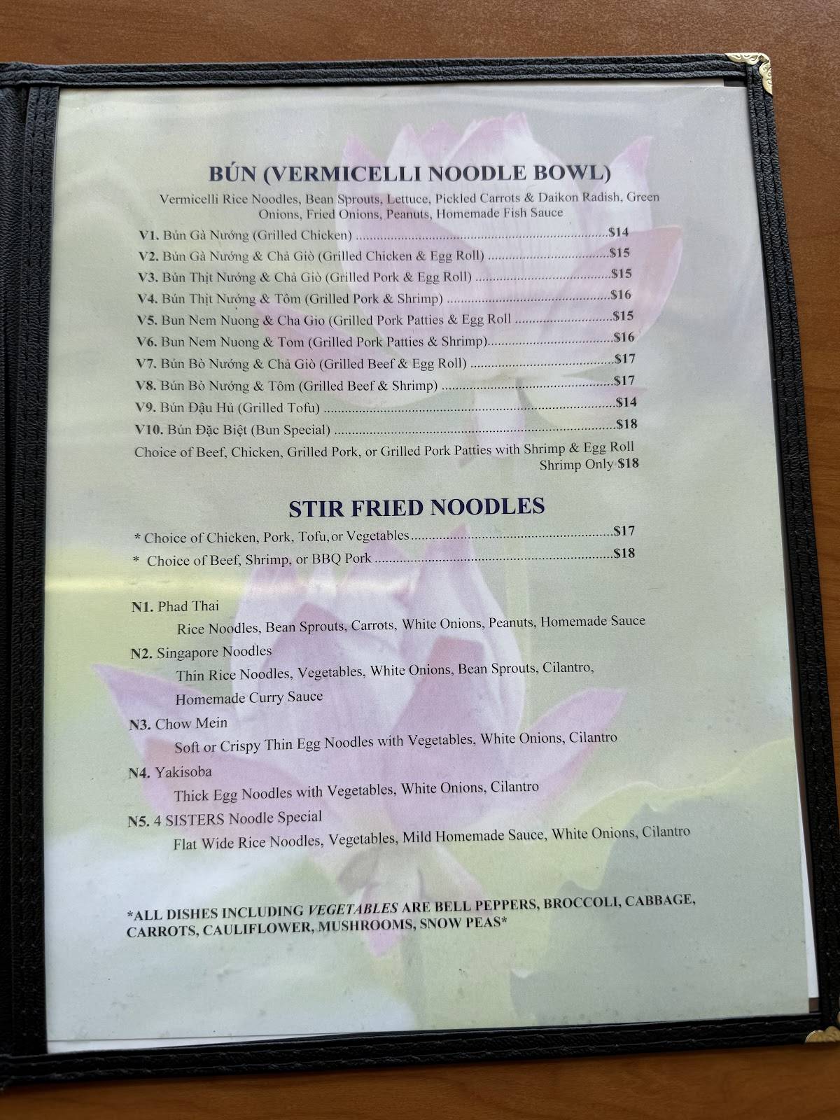 Menu at 4 Sisters Pho restaurant, Bremerton