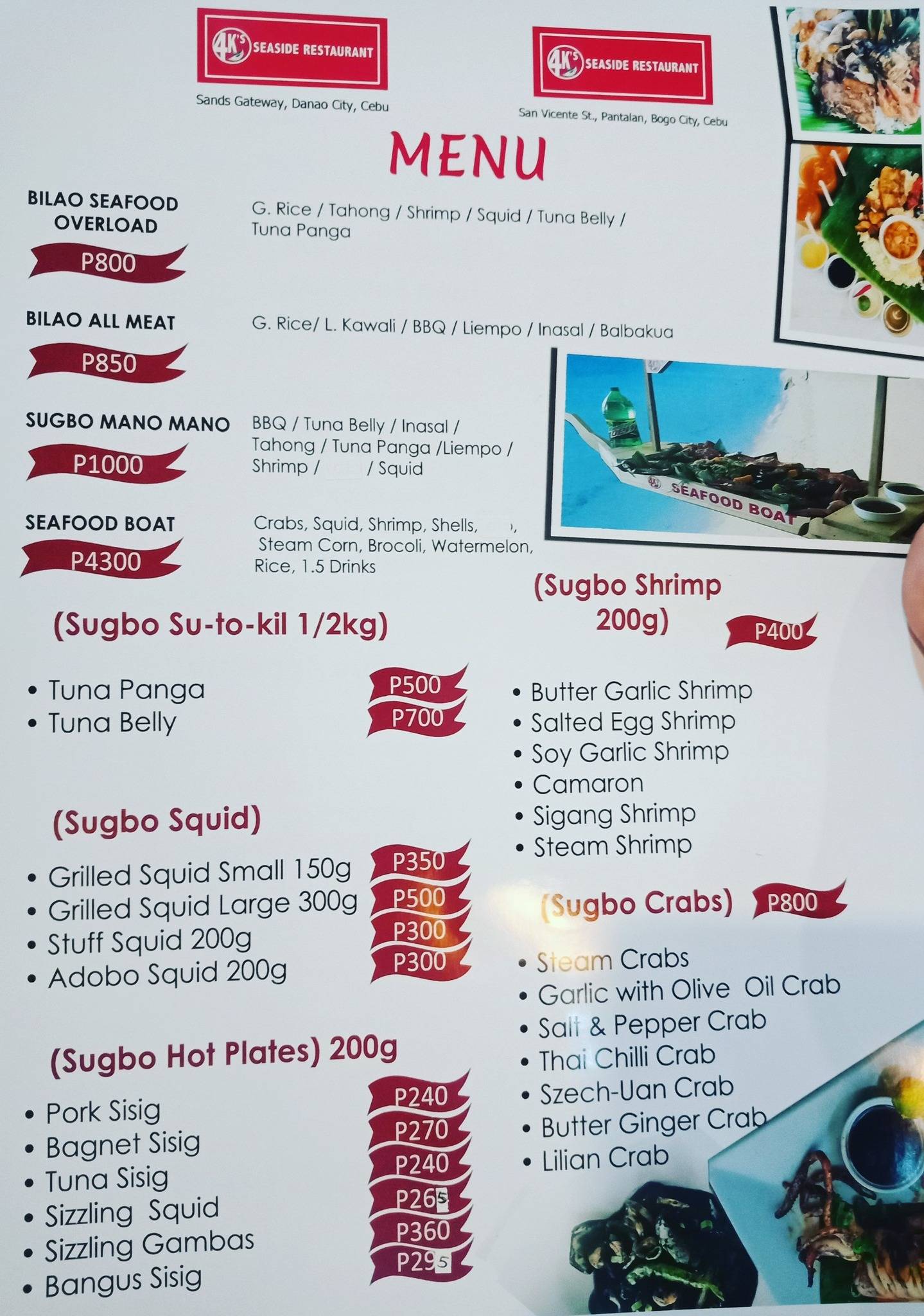 Menu at 4k's Seaside Restaurant, Bogo City