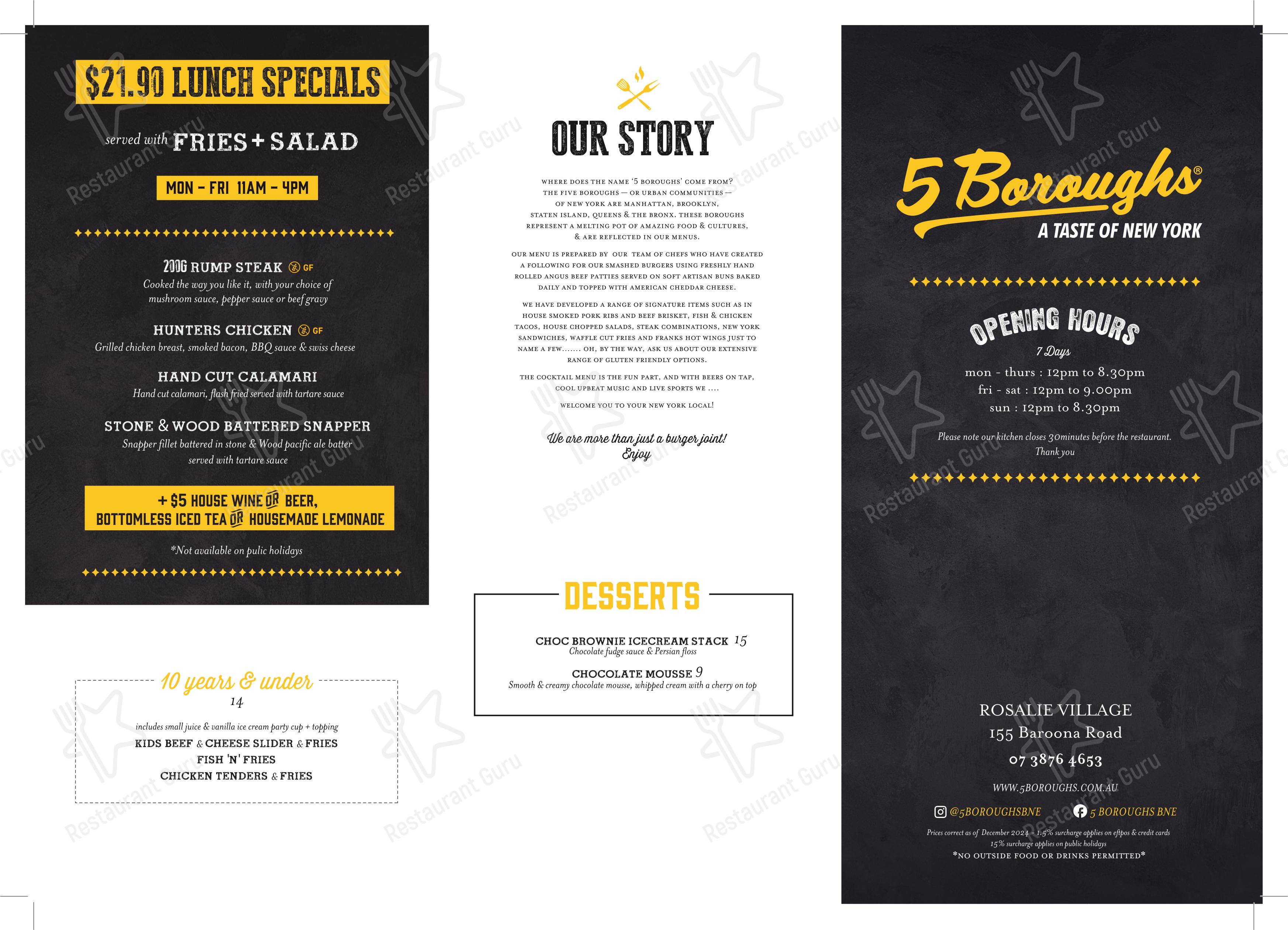 Menu at 5 Boroughs Rosalie restaurant, Paddington, 155 Baroona Rd