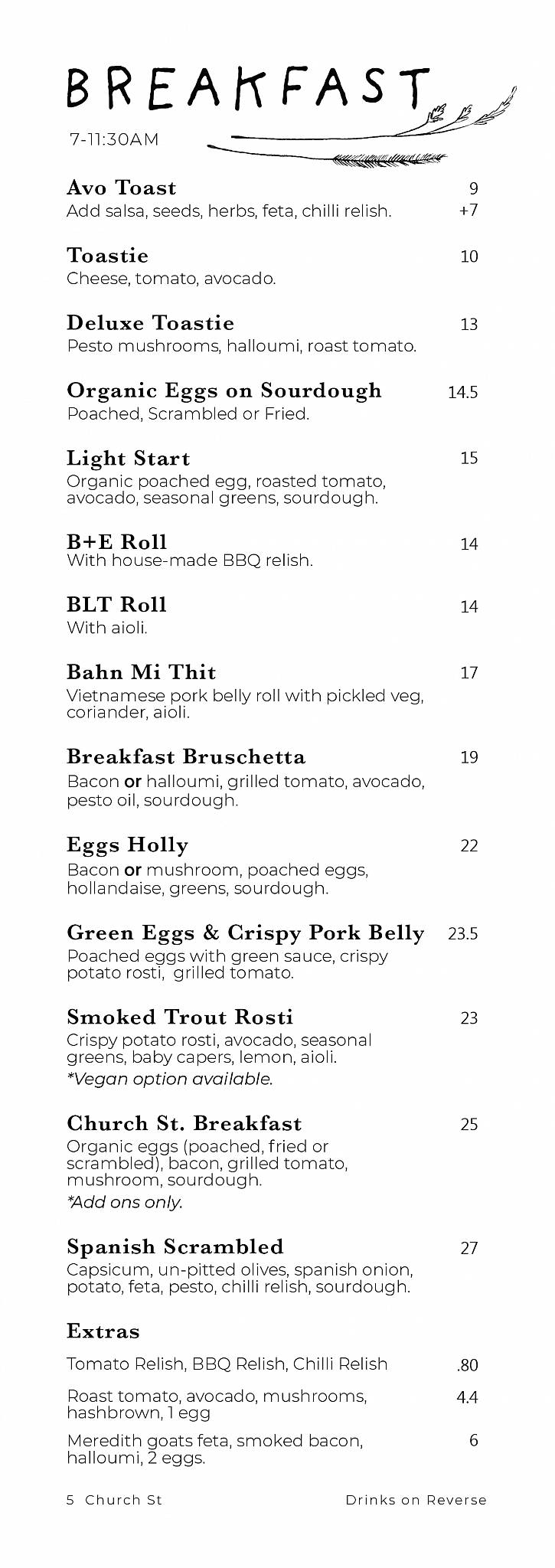 Menu at 5 Church Street restaurant, Bellingen