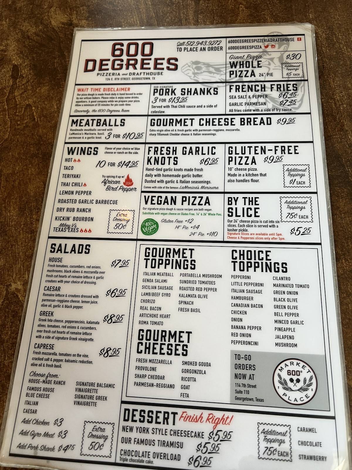 Menu at 600 Degrees Pizzeria, Georgetown