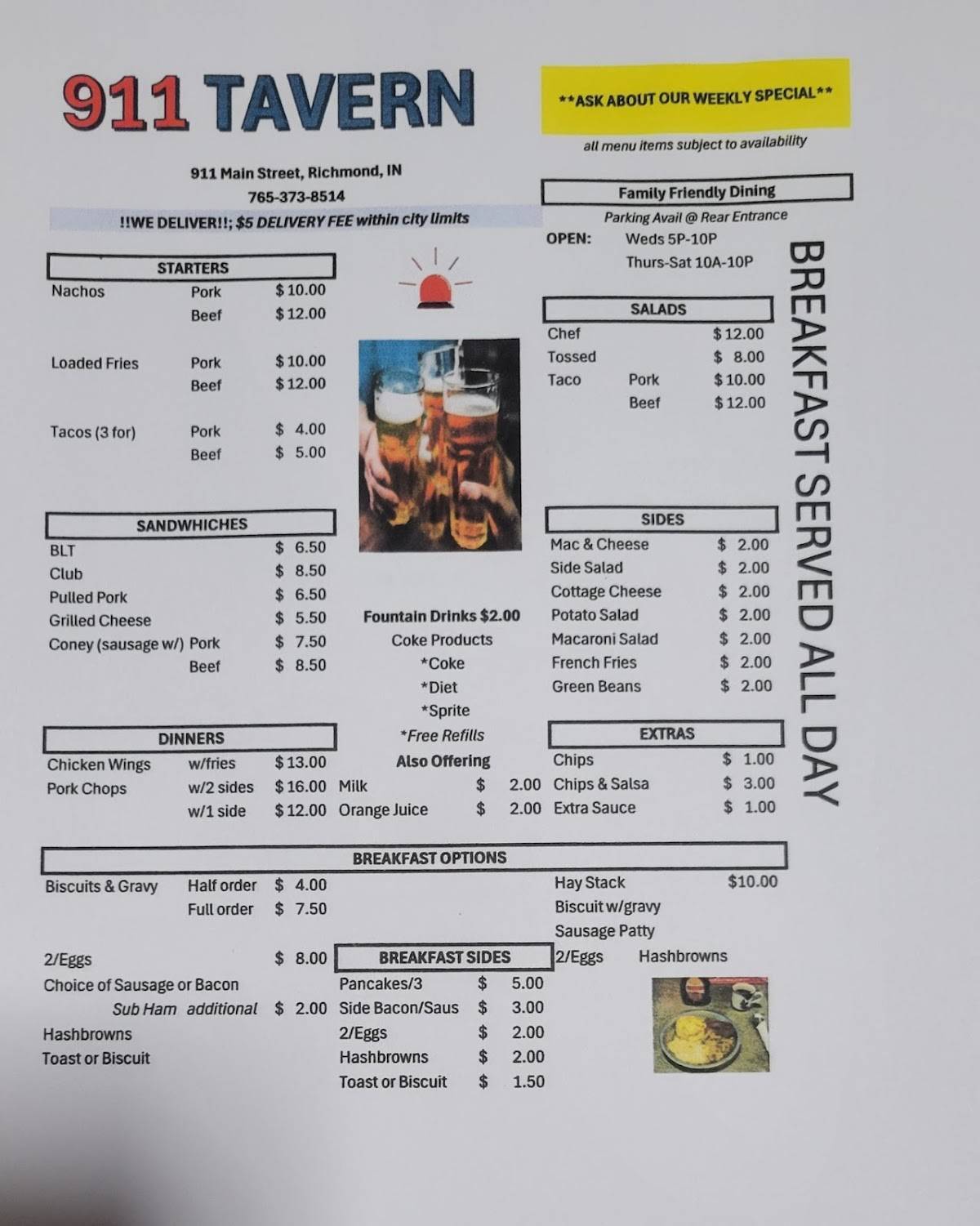 Menu at 911 Tavern on Main restaurant, Richmond