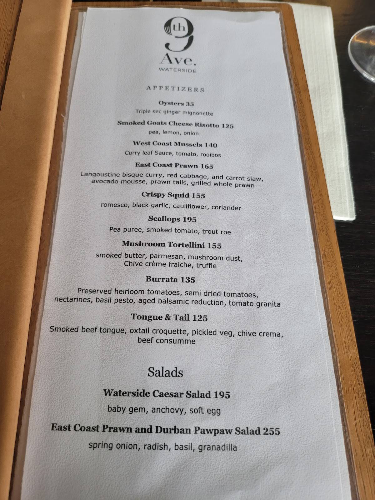 Menu at 9th Avenue Waterside restaurant, Durban, 2 Maritime Pl