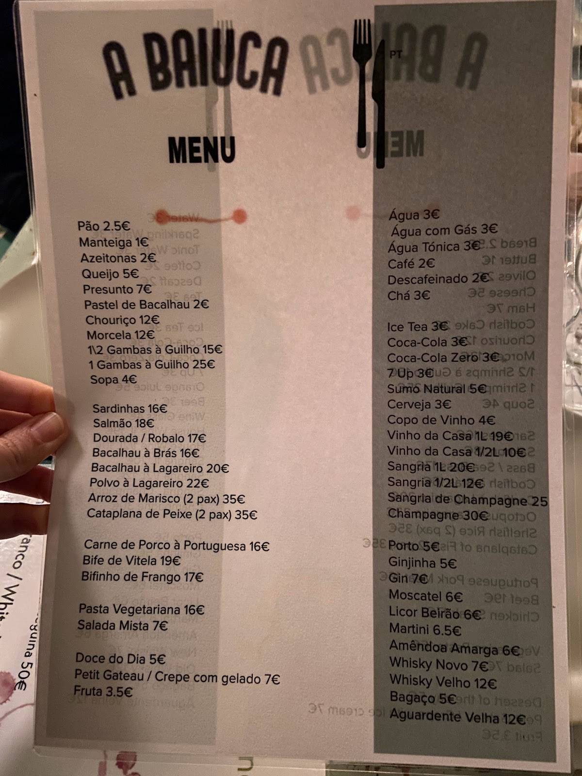 Menu em A Baiuca restaurante, Lisboa, R. de São Miguel nr 20