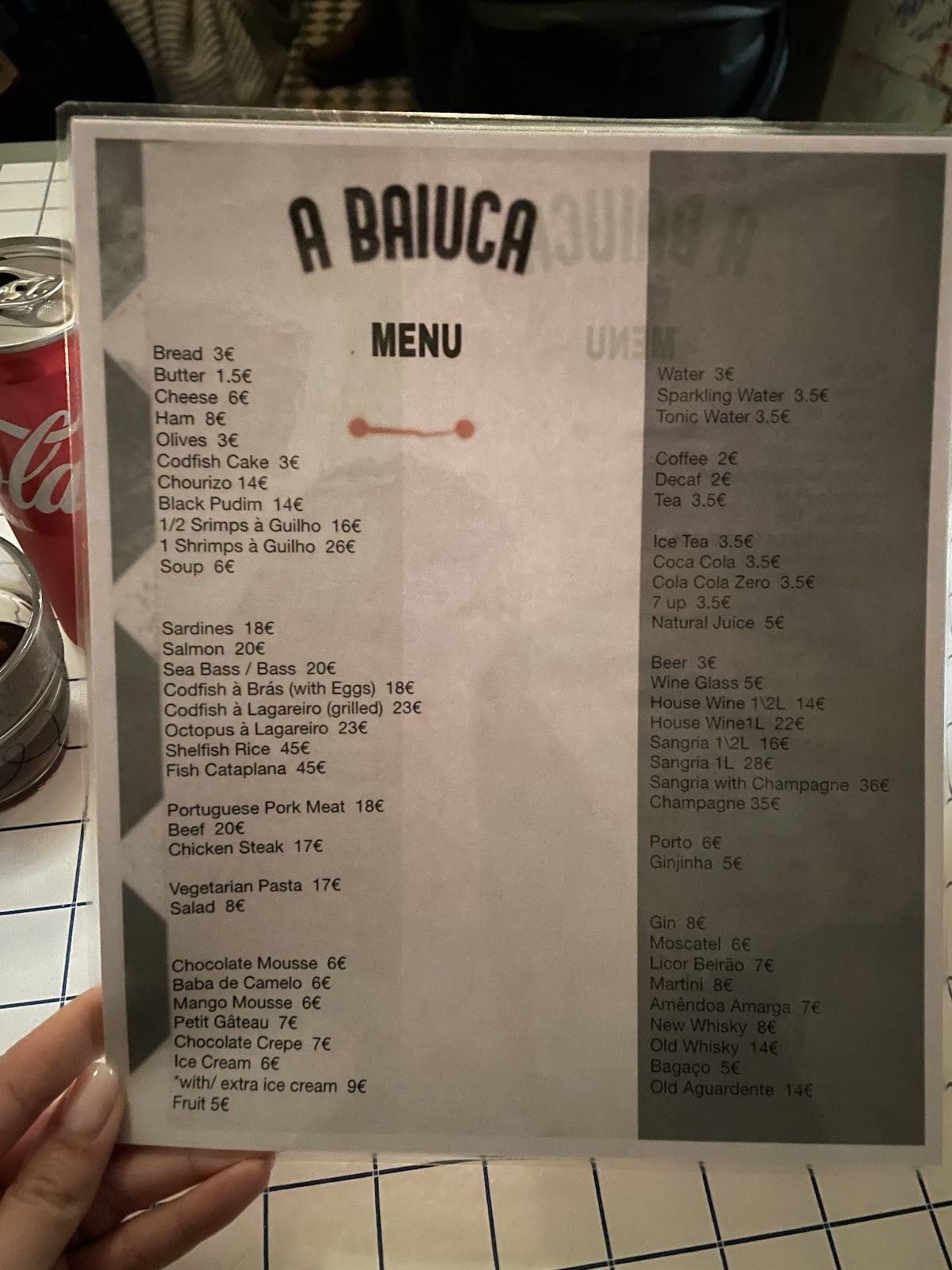 Menu at A Baiuca restaurant, Lisbon, R. de São Miguel nr 20