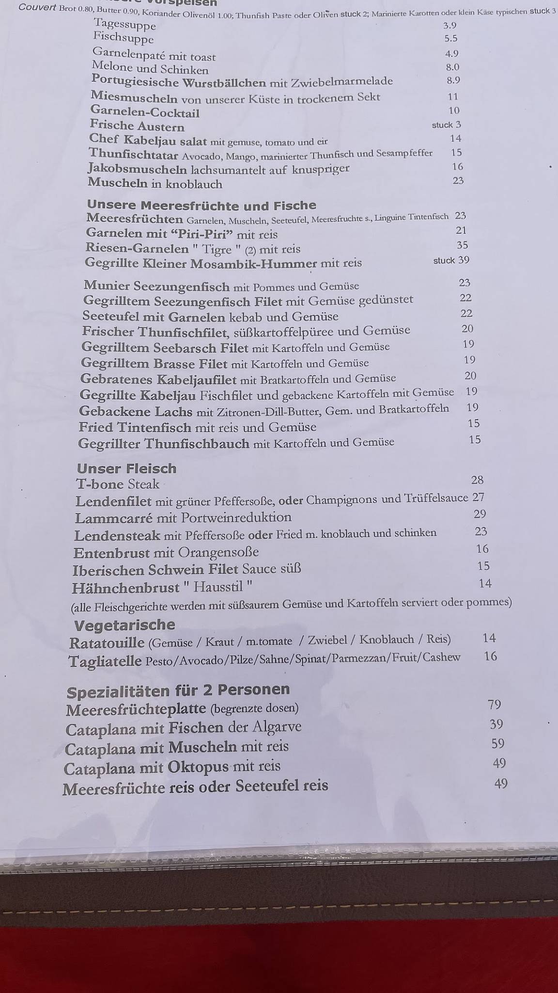 Menu at A Concha restaurant, Praia da Luz