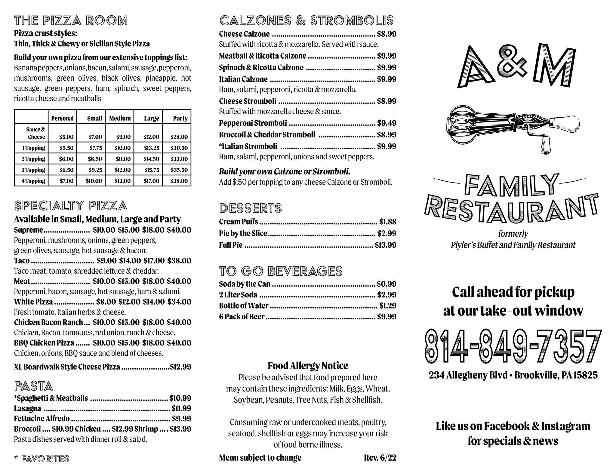 Menu at A&M Family Restaurant, Brookville