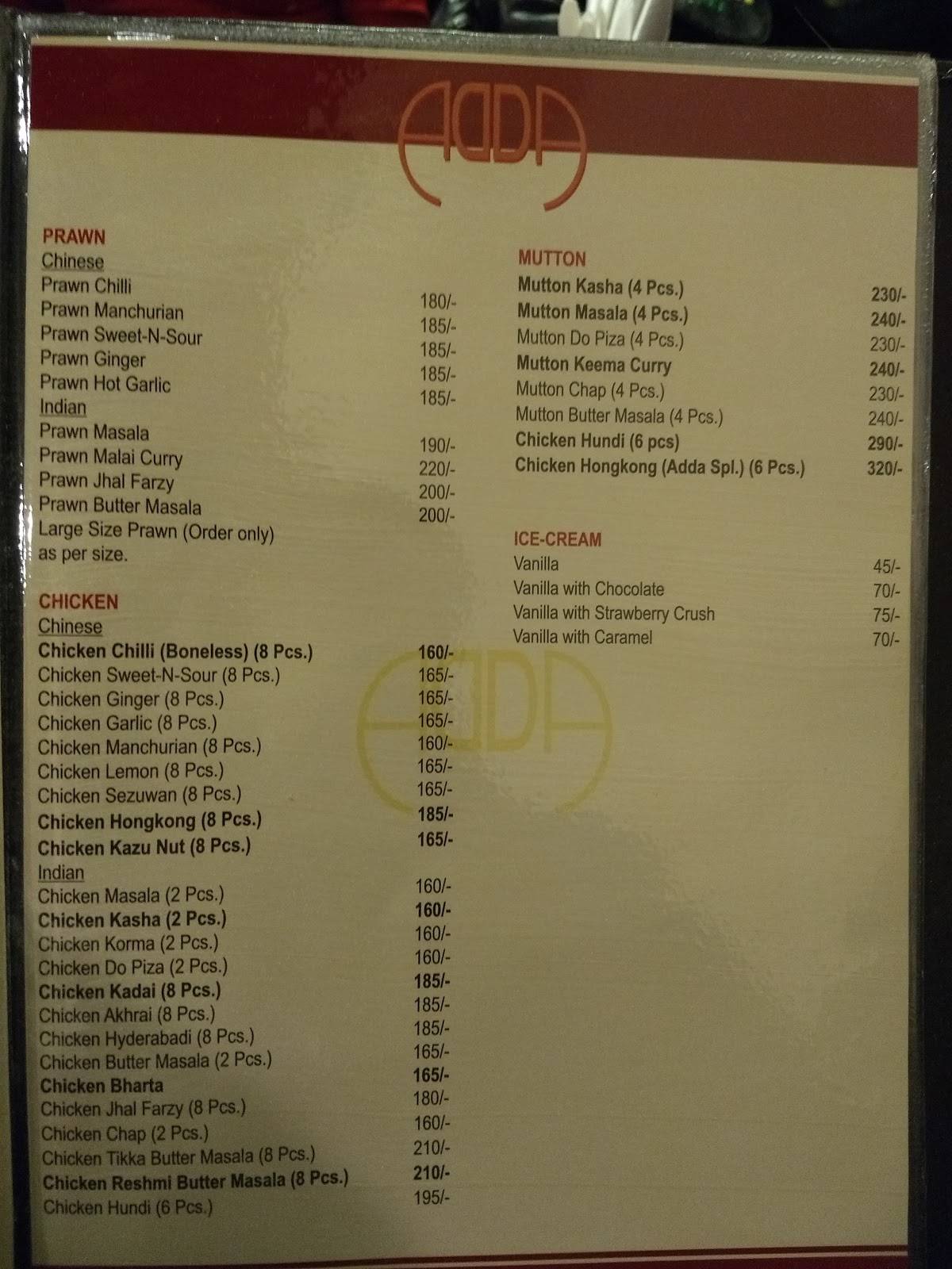 Menu at ADDA Restaurant cum Bar, Bardhaman, Bhangakuthi BSNL Tower