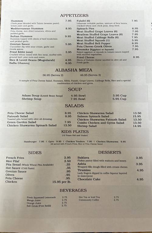 Menu at ALBASHA GREEK & LEBANESE restaurant, Walker