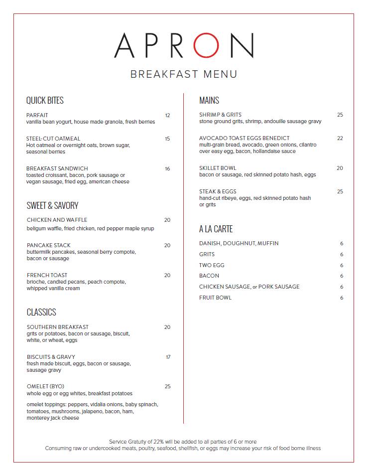 Menu at APRON restaurant, Hapeville, 2 Porsche Dr