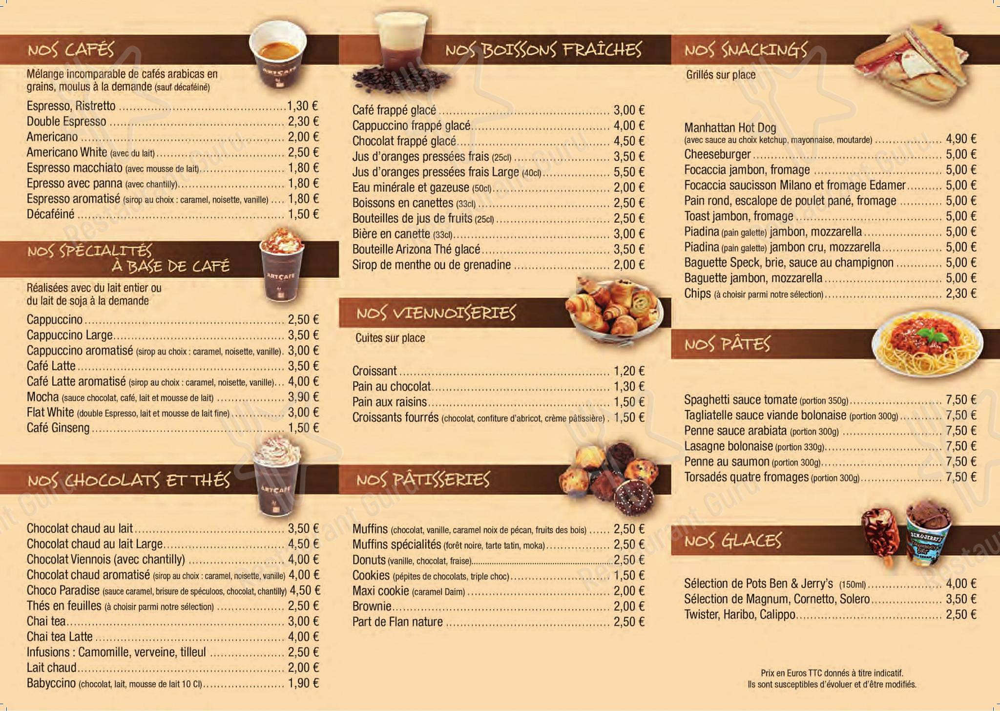 Menu at Art Café, Monaco-Ville