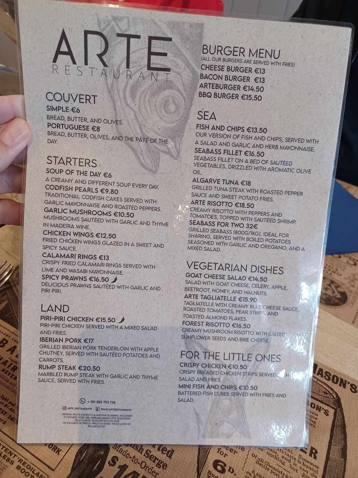 Menu at ARTE Restaurante, Praia da Luz