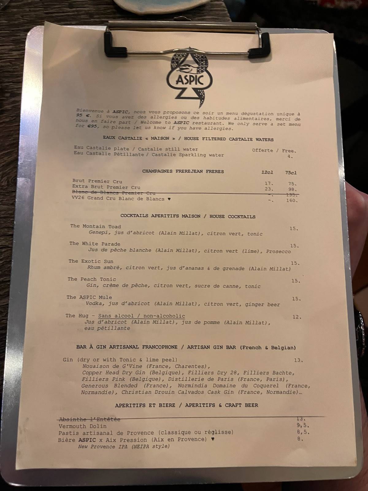 Menu at ASPIC restaurant, Paris, 24 Rue Louise-Émilie de la Tour d'Auvergne