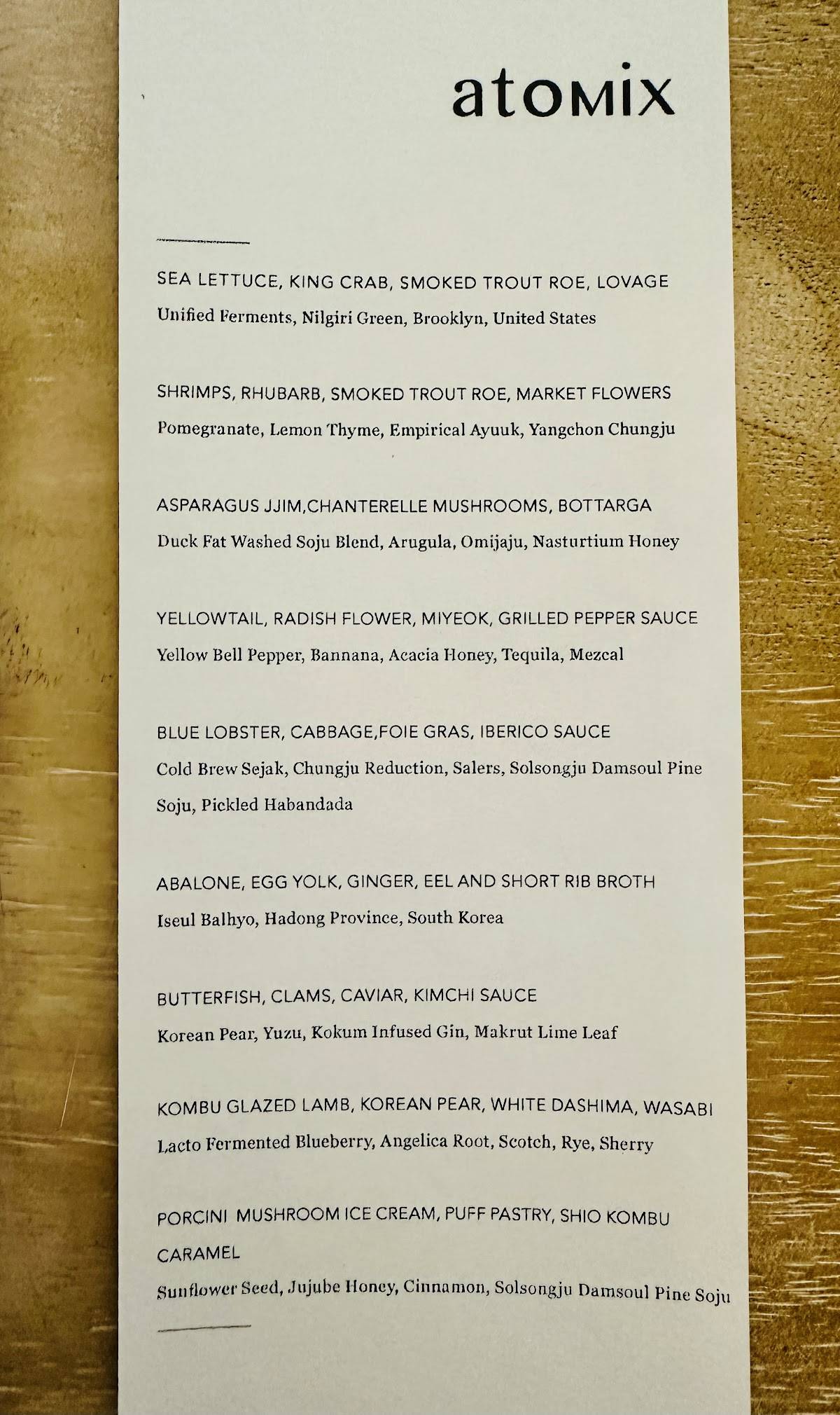 Menu at ATOMIX restaurant, New York City