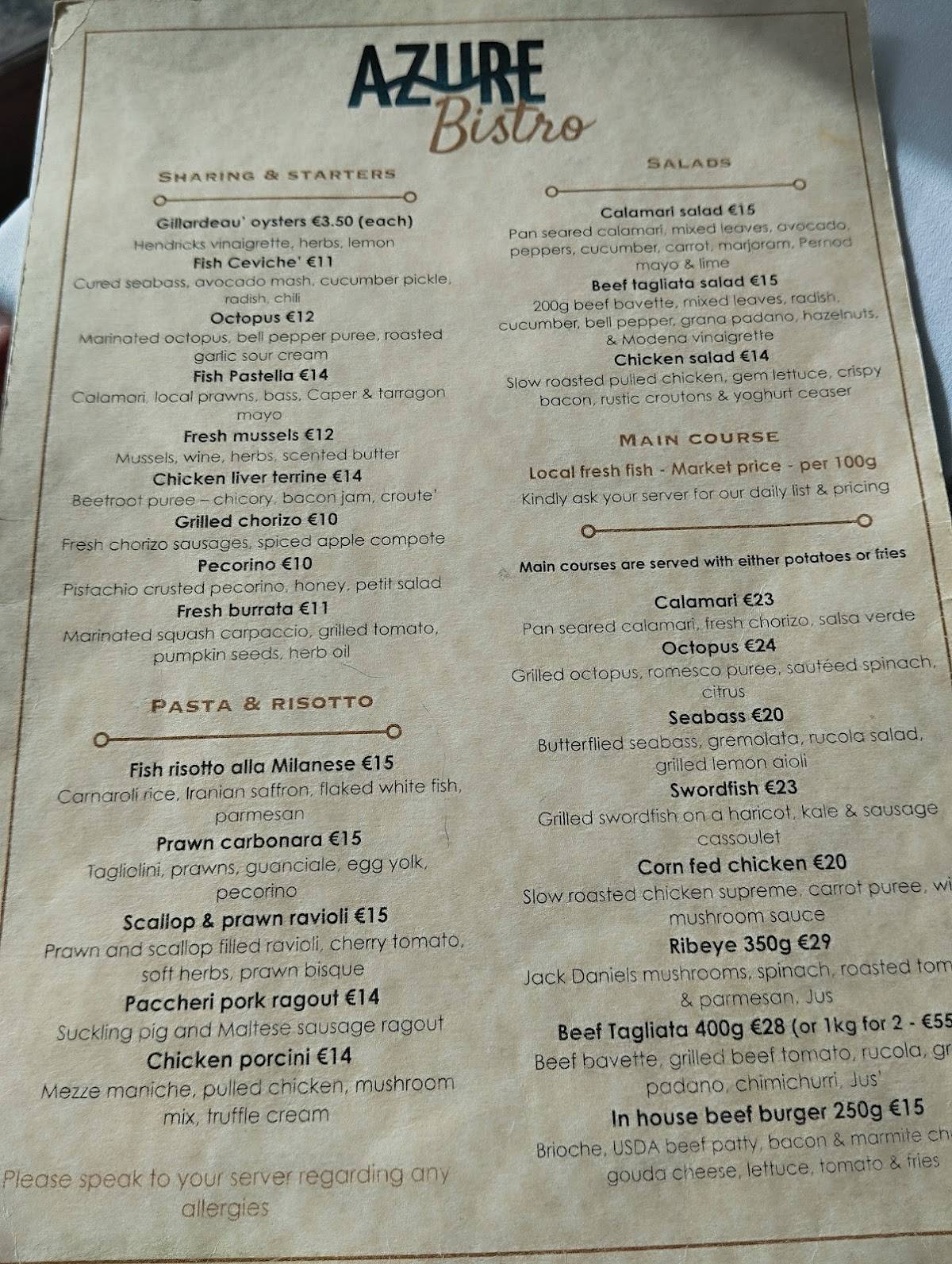 Menu at AZURE Bistro restaurant, Marsaxlokk