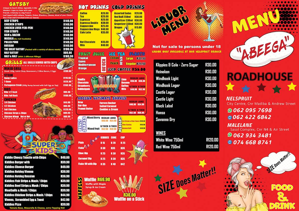 Menu at Abeega Roadhouse Nelspruit restaurant, Nelspruit