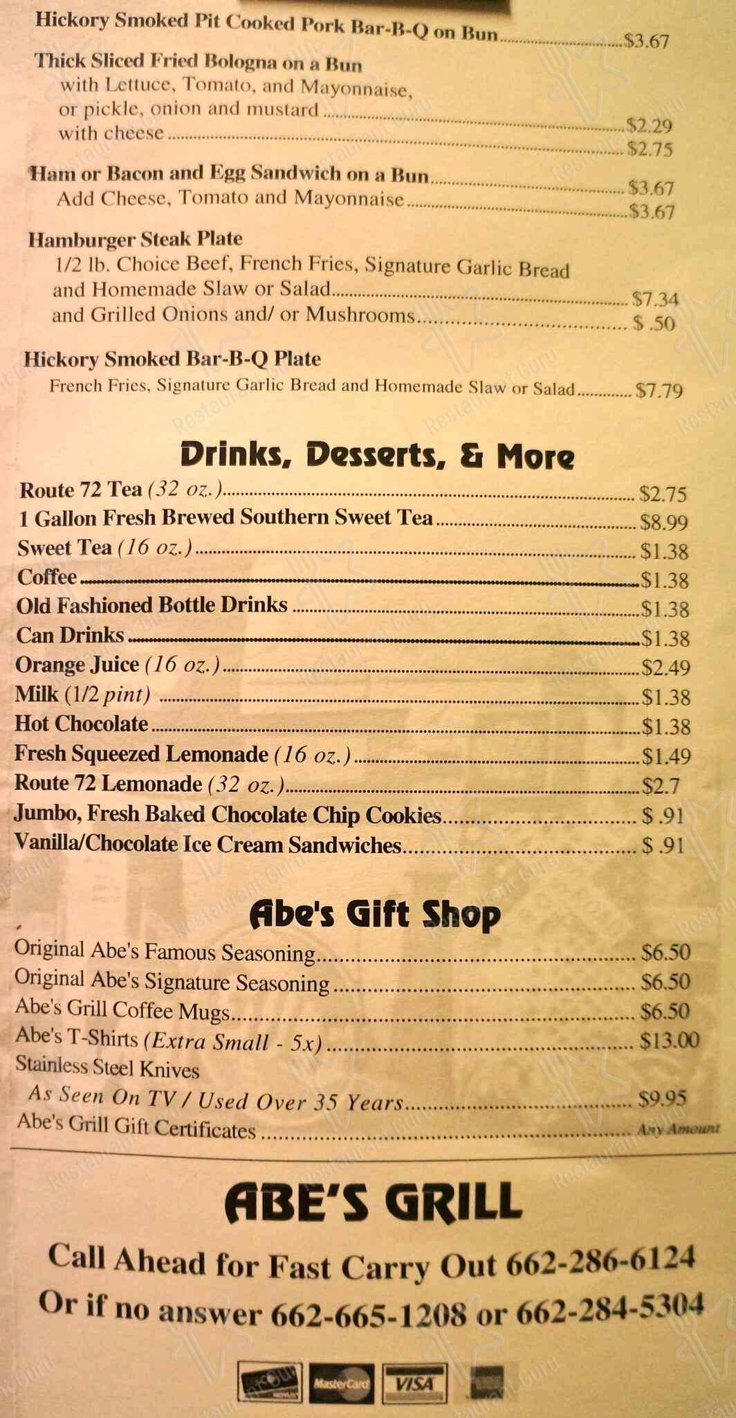 Menu at Abe's Grill BBQ, Corinth, 803 US-72 W