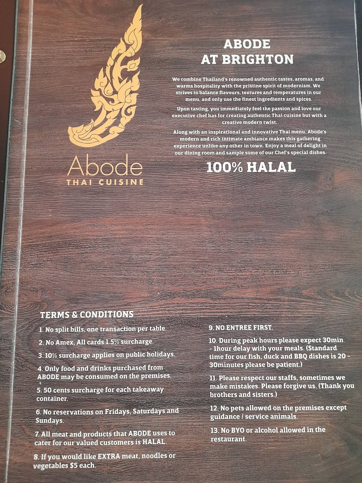 Menu at Abode Thai Cuisine restaurant, Brighton-Le-Sands