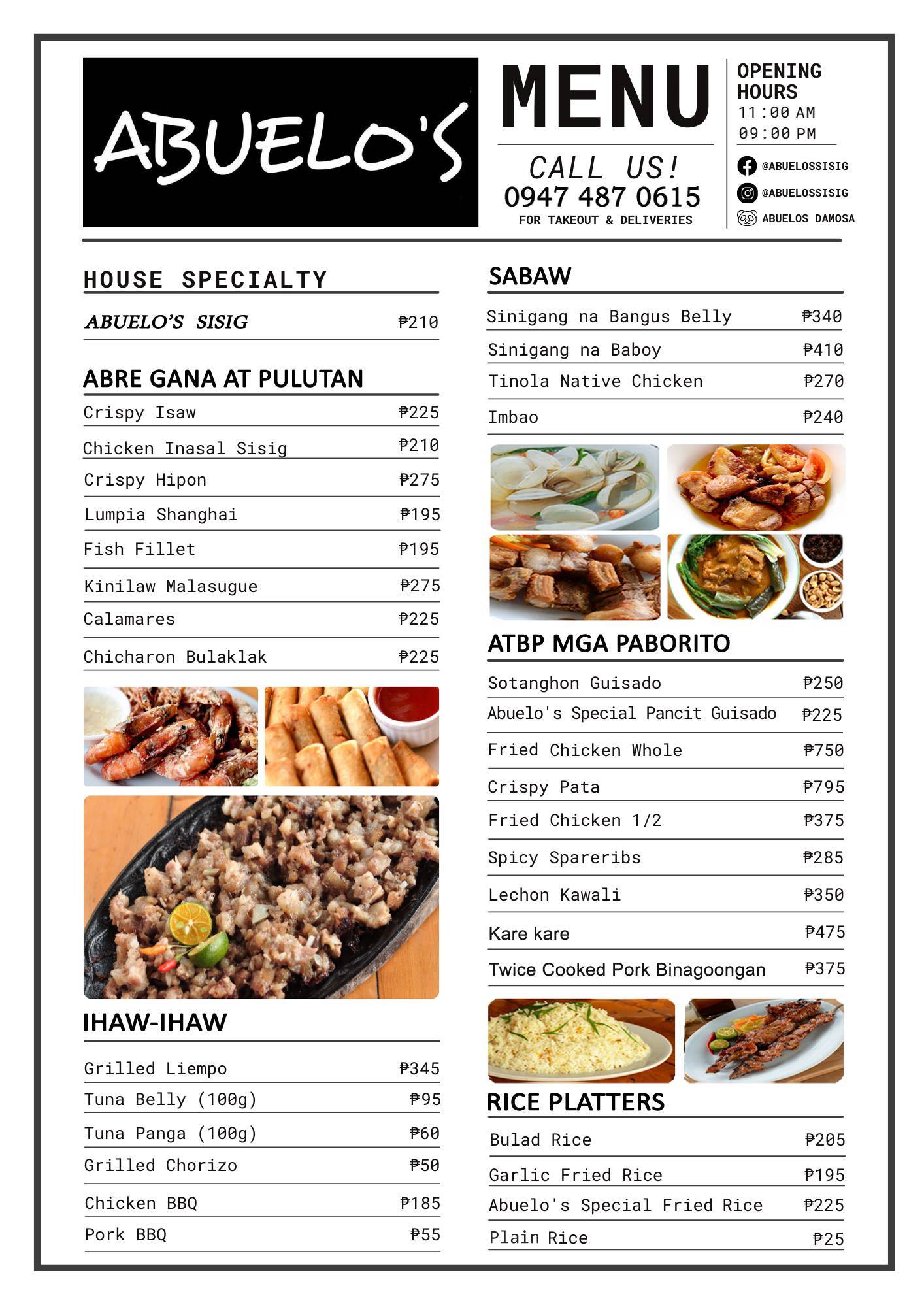 Menu at Abuelo's restaurant, Davao City, Davao City
