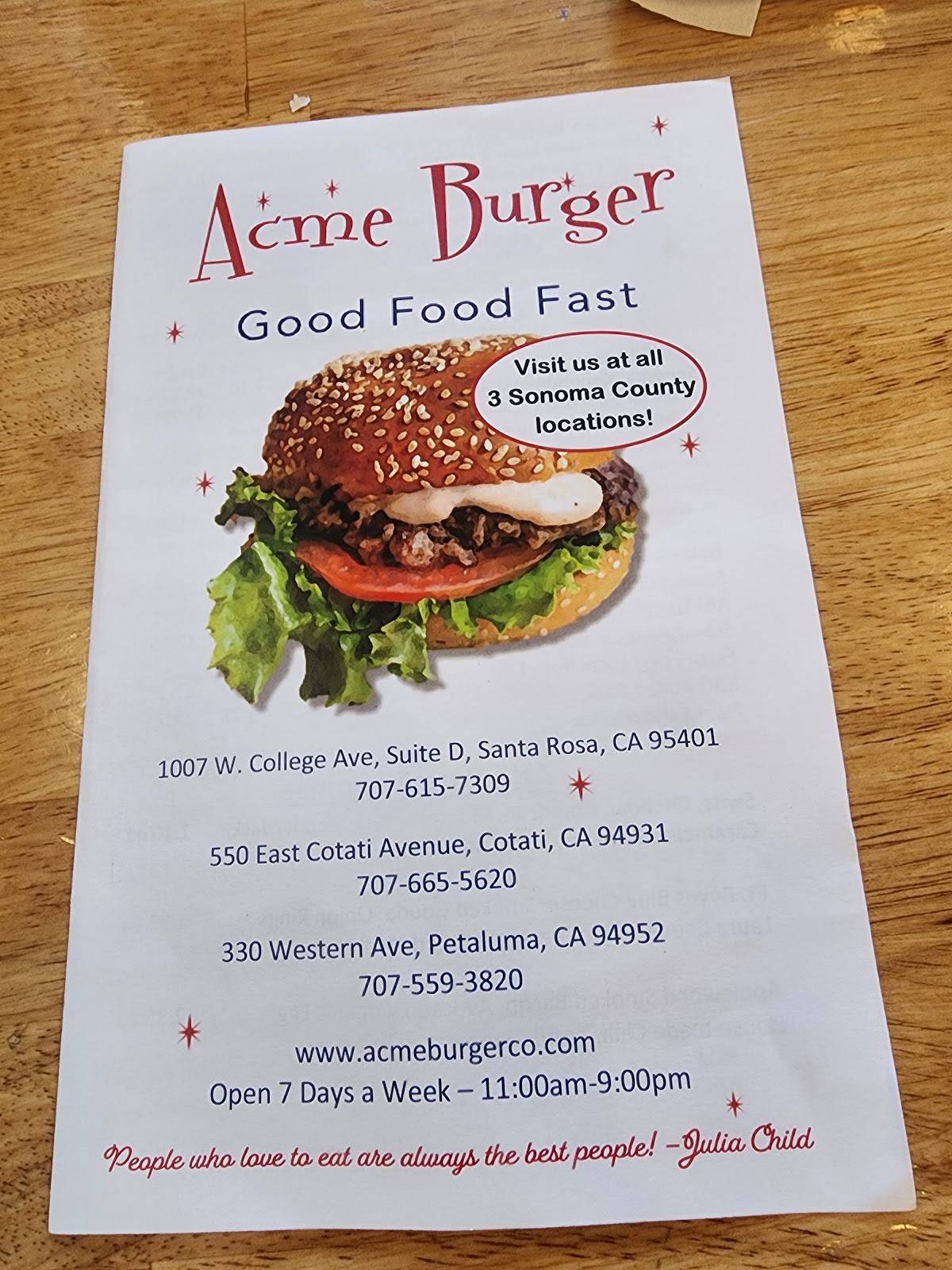 Menu at Acme Burger restaurant, Santa Rosa