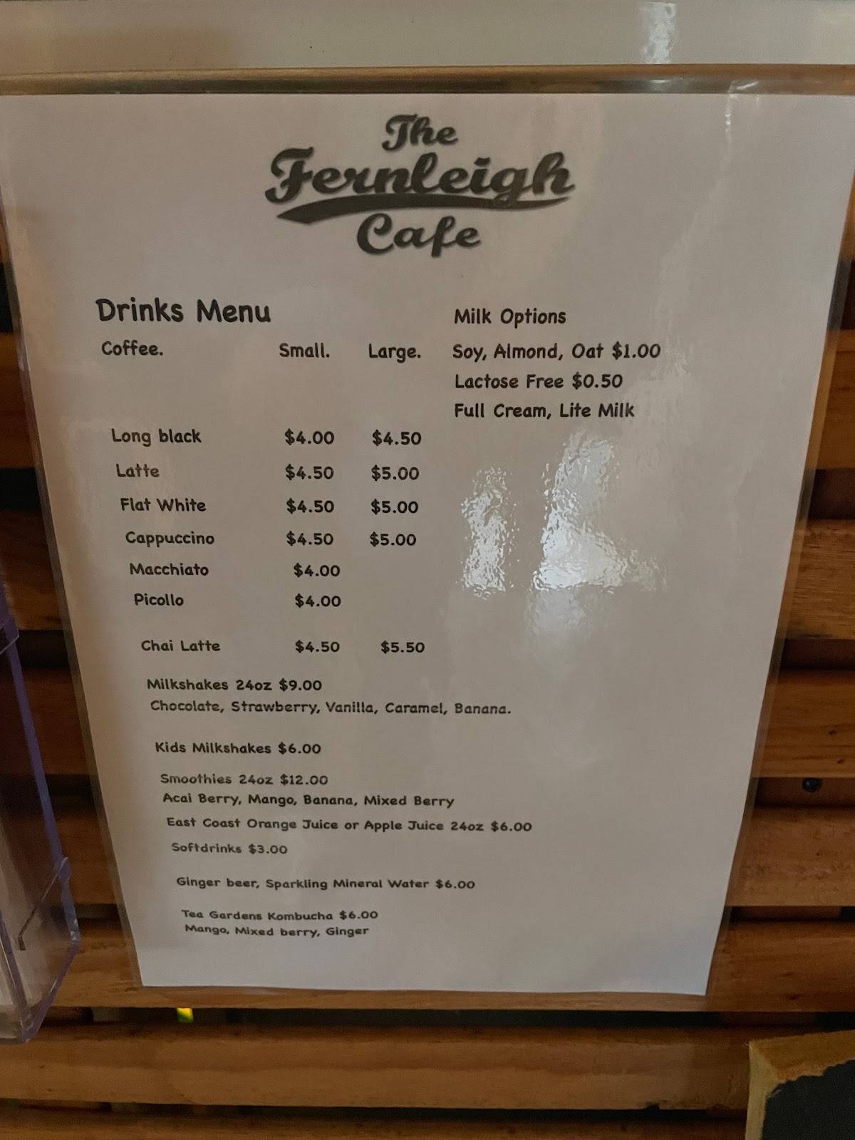 Menu at Fernleigh Cafe, Adamstown
