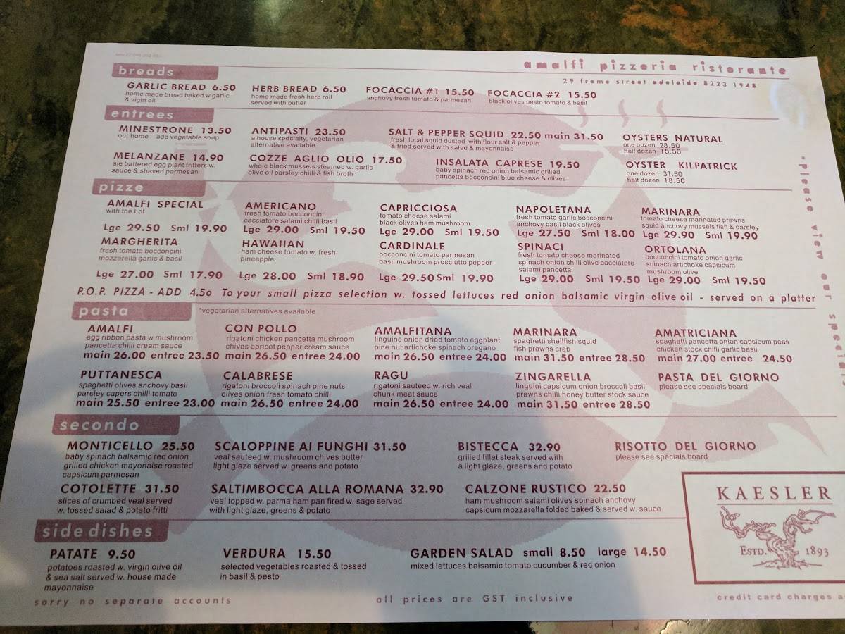 Menu at Amalfi Pizzeria Ristorante, Adelaide