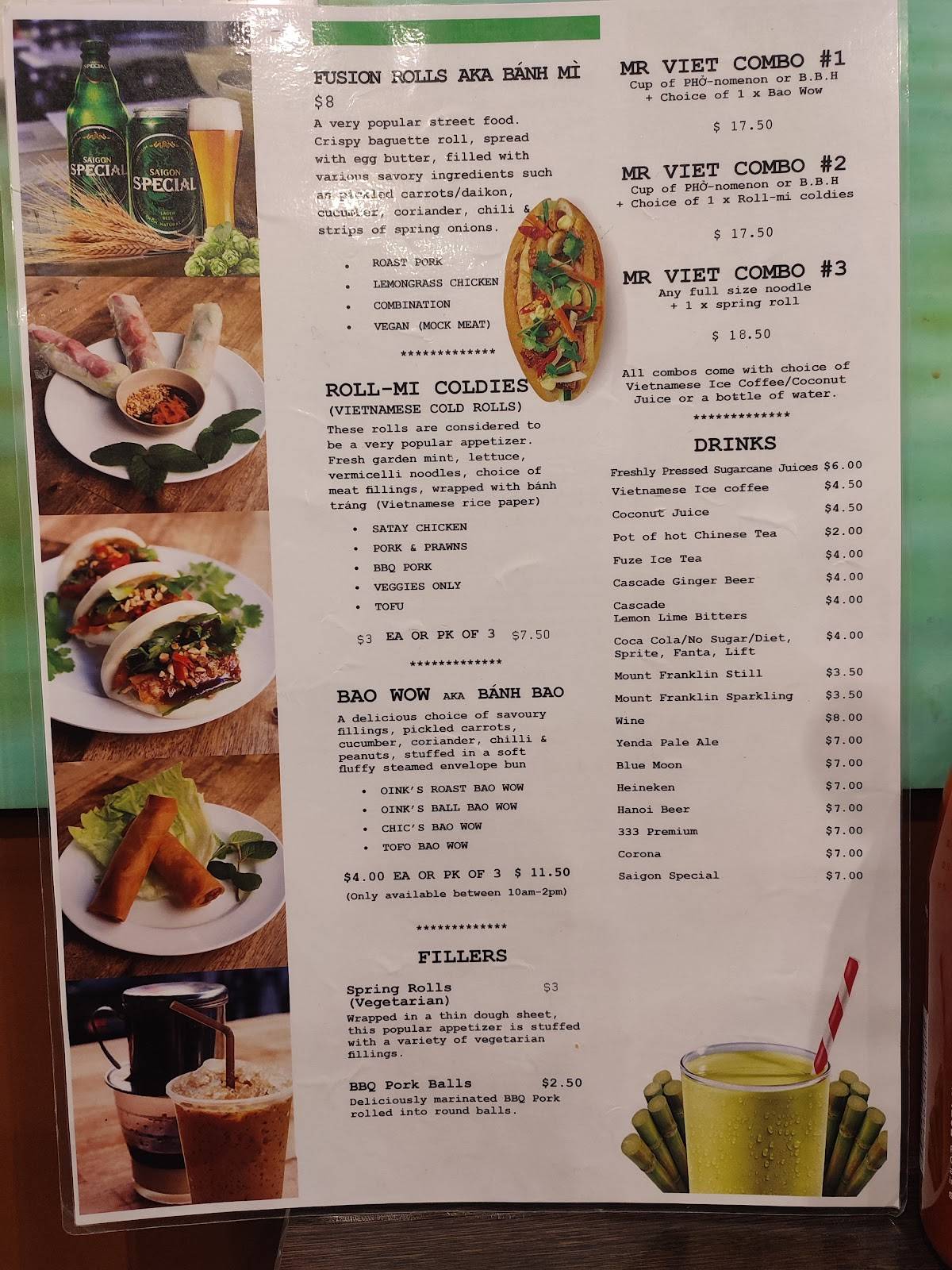 Menu at Mr Viet restaurant, Adelaide, 8/20 James Pl