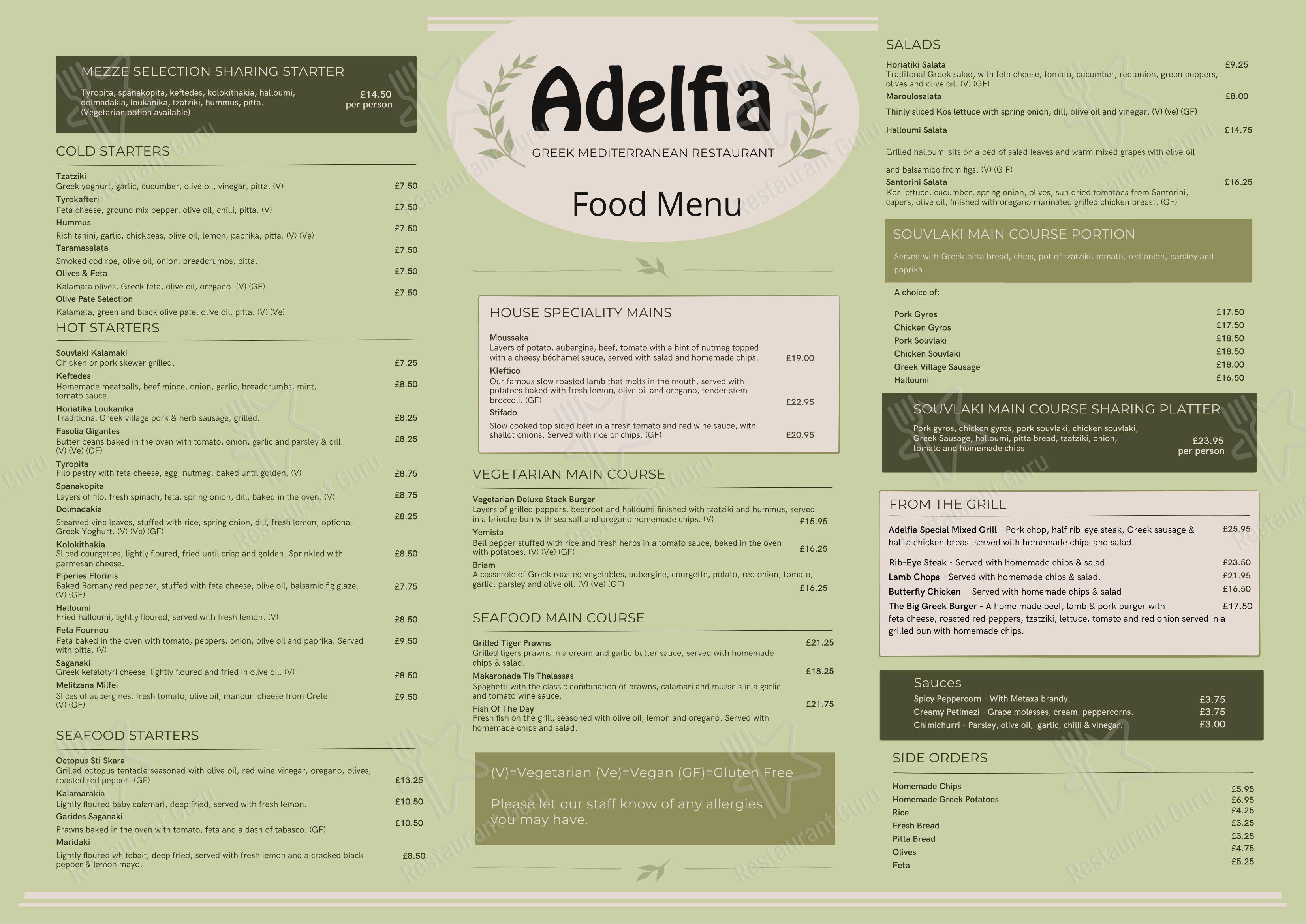 Menu at Adelfia Brighton restaurant, Brighton
