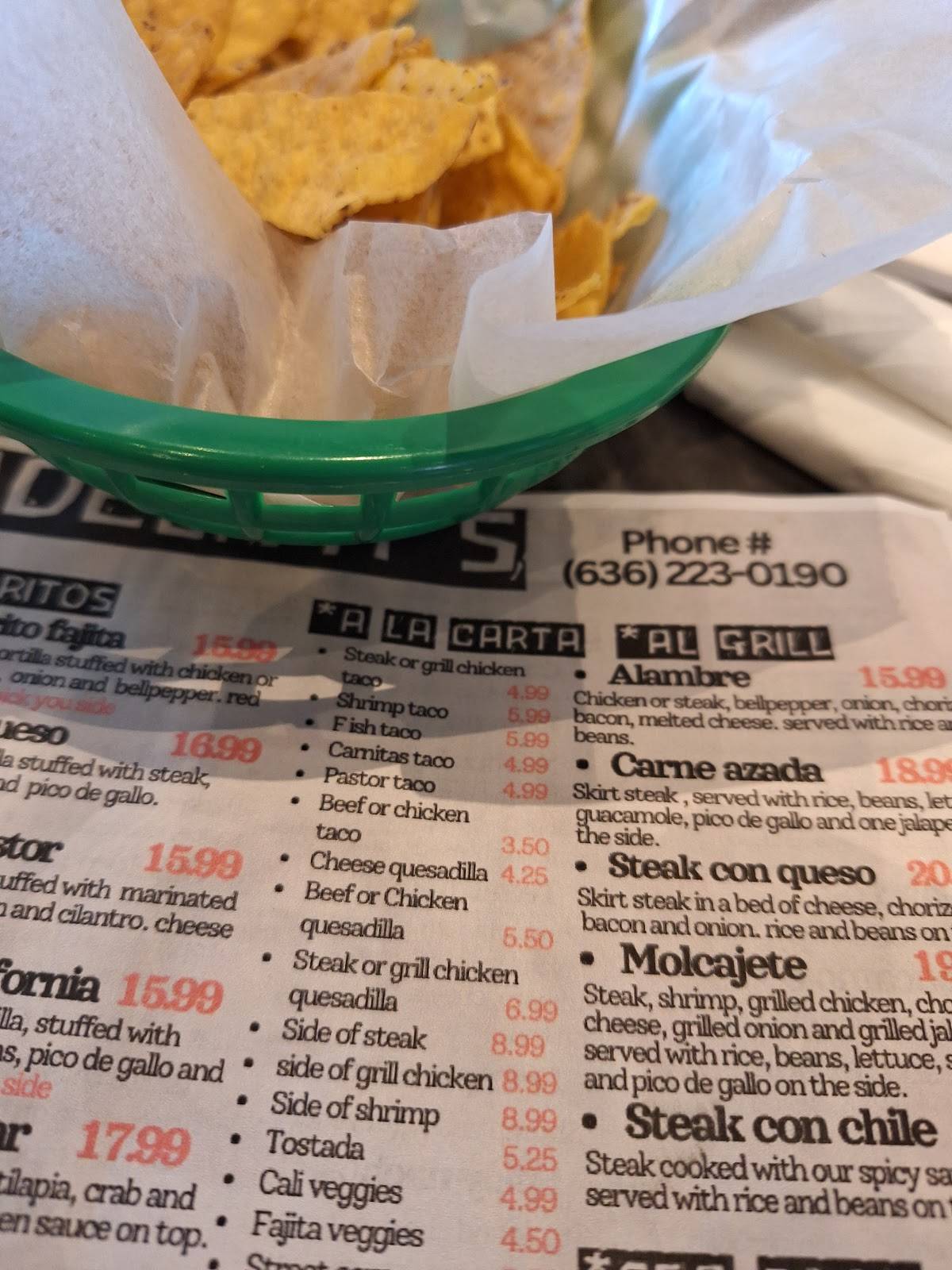 Menu at Adelita's Mexican Cuisine restaurant, Imperial