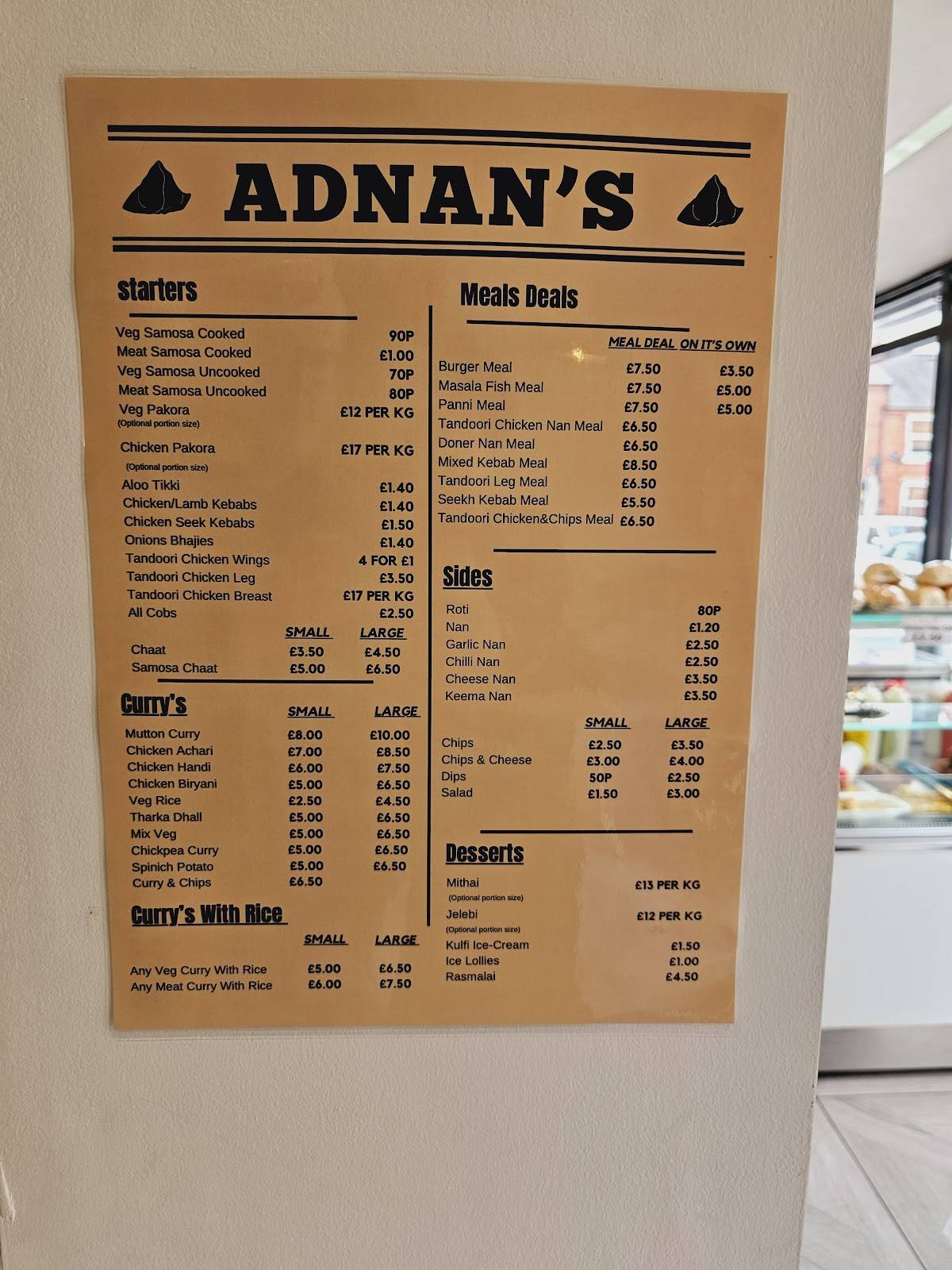 Menu at Adnan Sweet Centre fast food, Nottingham