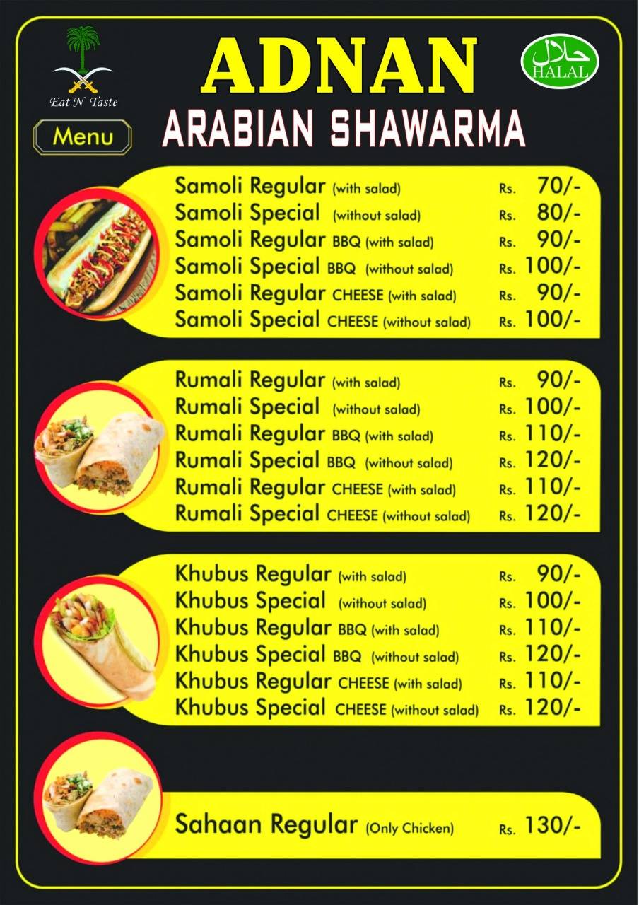 Menu at Adnan arabian chicken shawarma, Hyderabad